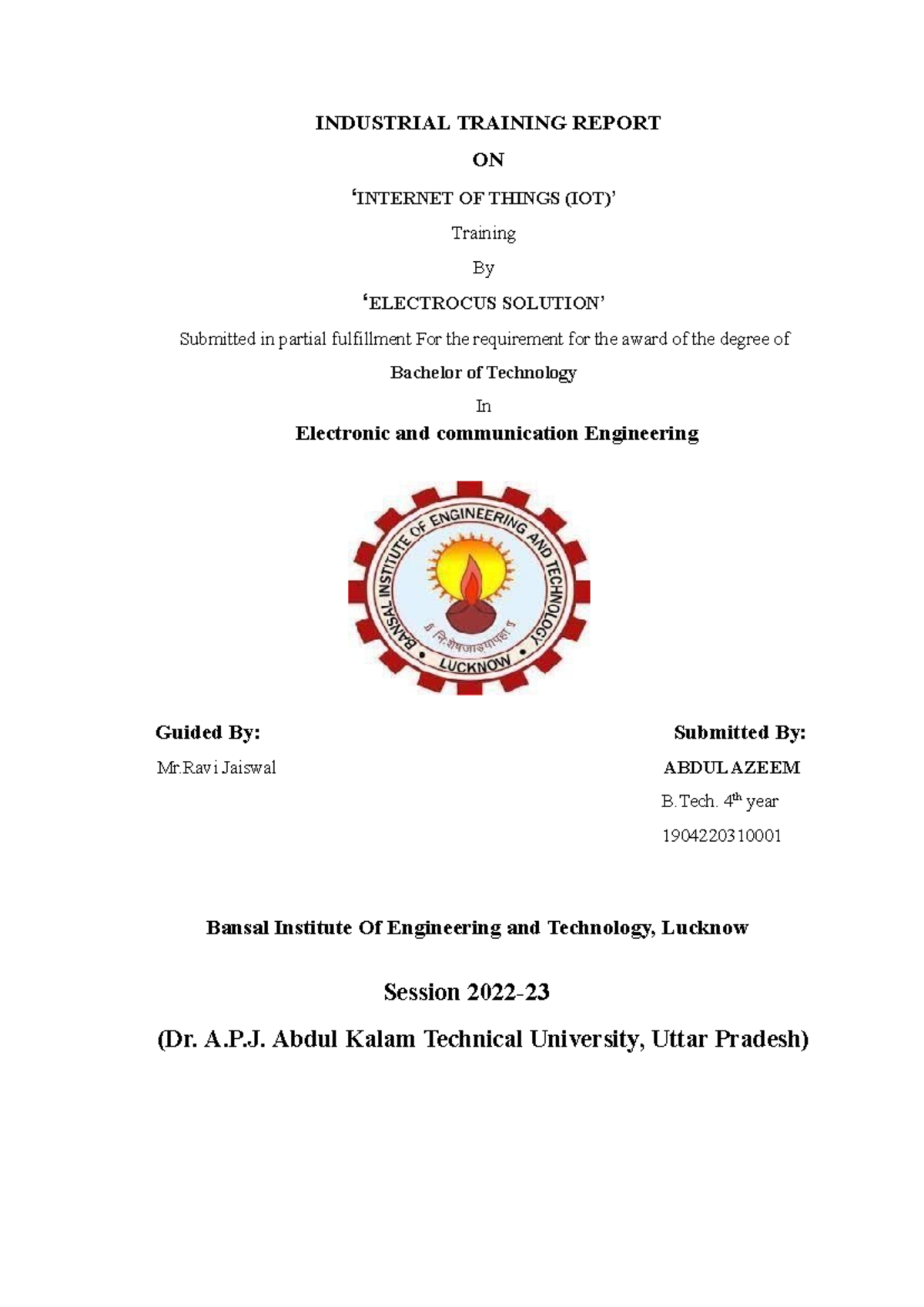 Azeem's B.Tech Final Report: A Study on Internet of Things (IOT) - Studocu