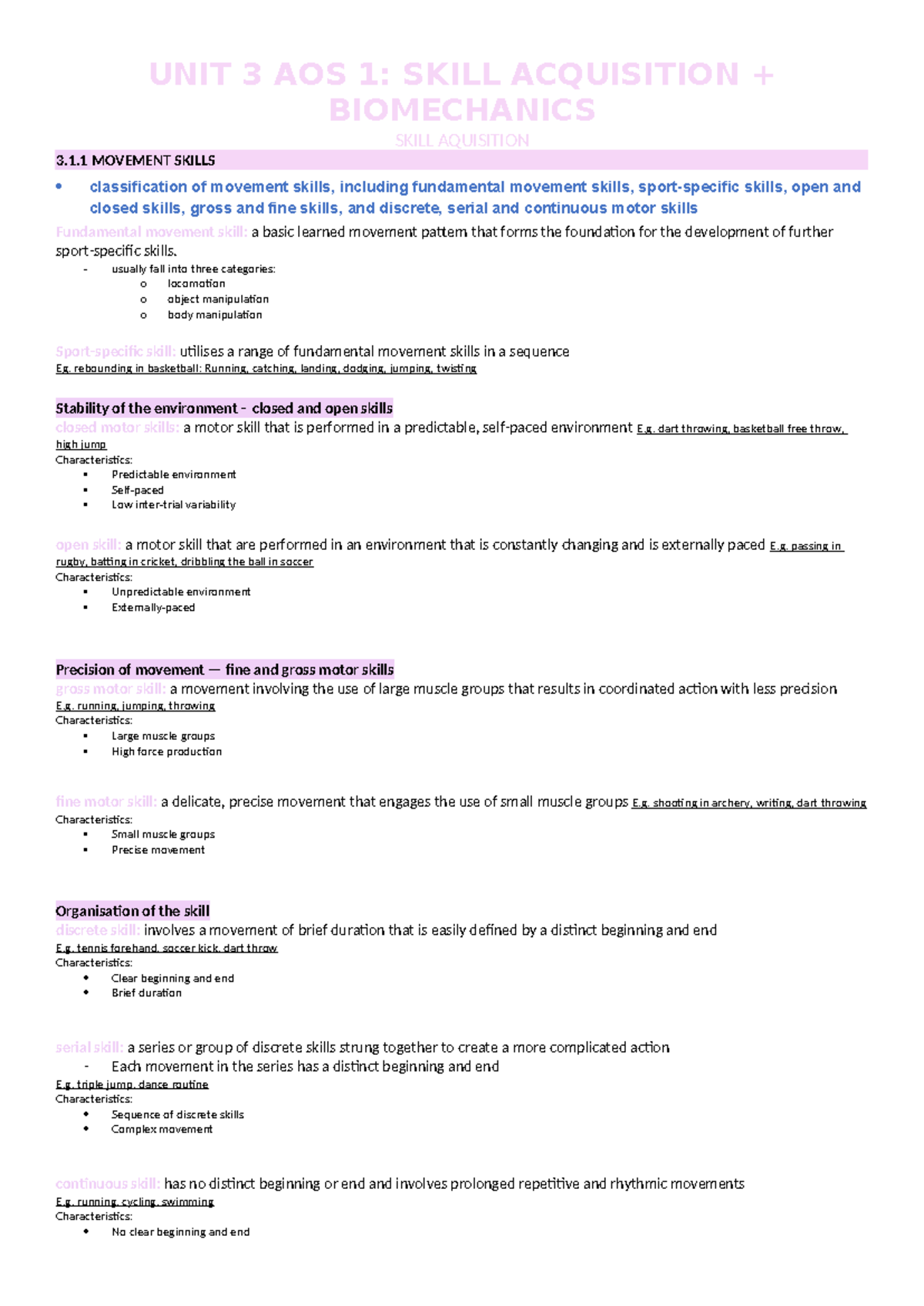 Unit 3 AOS 1: Skill Acquisition & Biomechanics Overview - Studocu