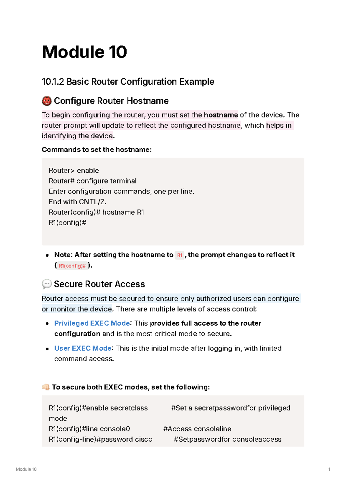 NETACAD Module 10: Basic Router Configuration & Security Setup - Studocu