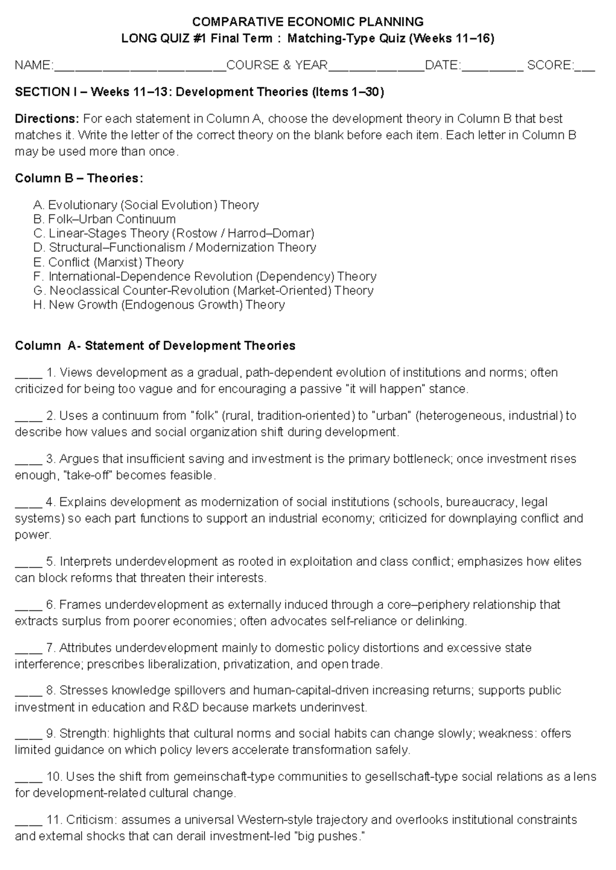 Comparative Economic Planning (ECO 101) Long Quiz: Development Theories ...
