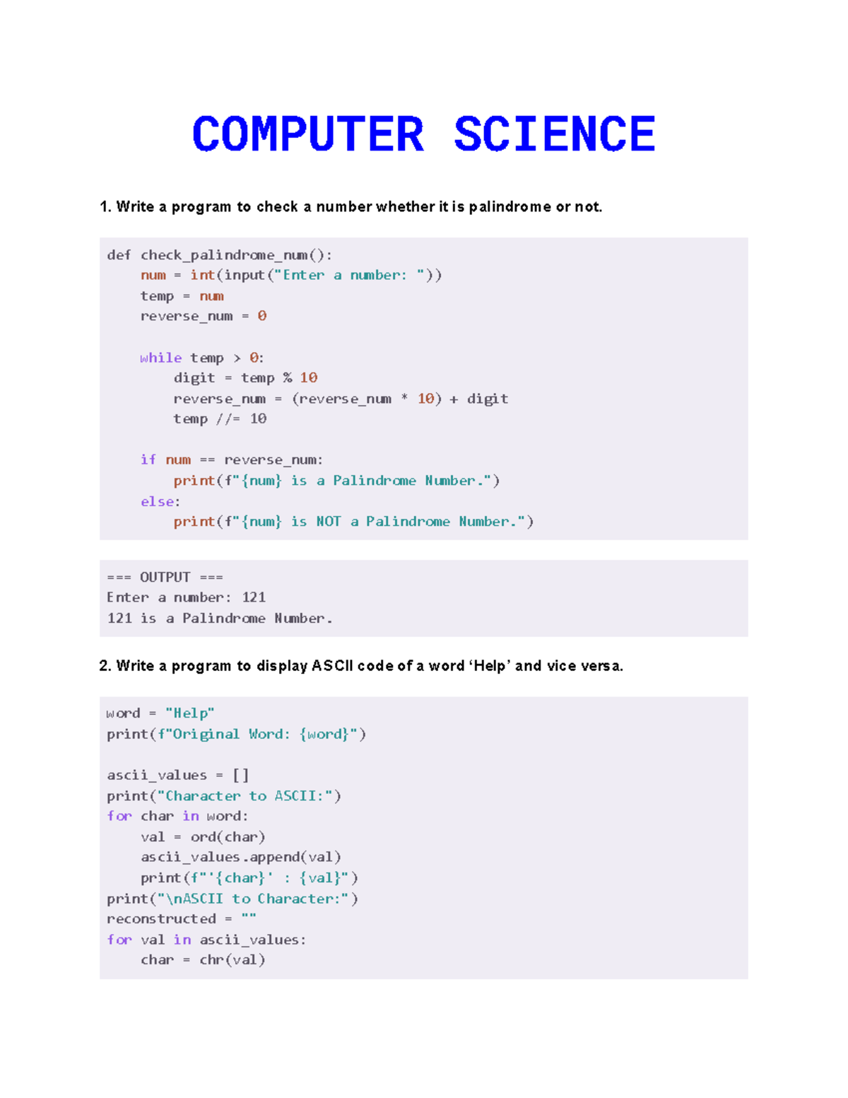 CS 1: Python Programs for Palindrome, ASCII, and Error Handling - Studocu