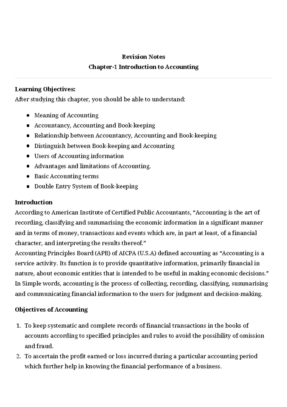 Chapter 1 - AS Level Accounting Notes: Introduction and Objectives ...