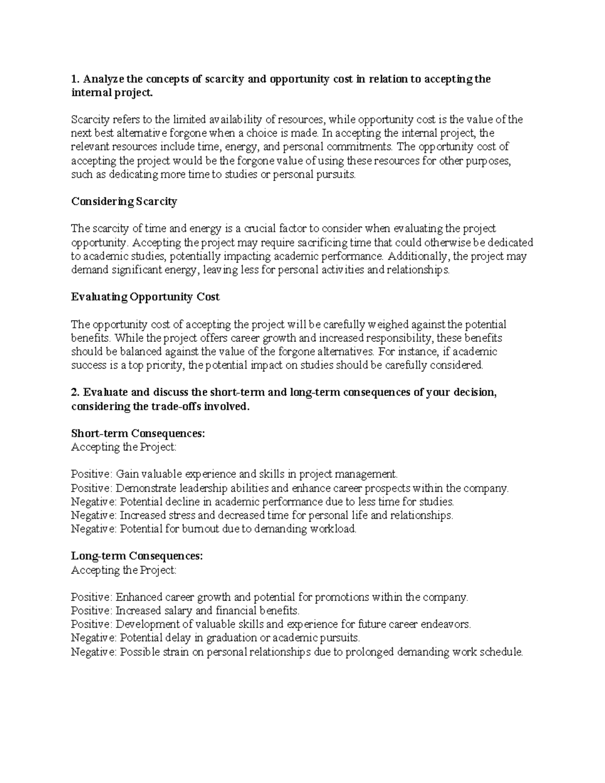 Unit 1 Discussion: Analyzing Scarcity & Opportunity Cost Decisions ...