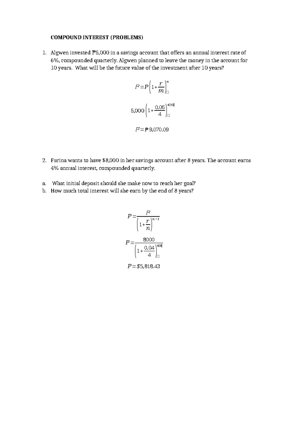 GEN MATH - Compound & Simple Interest Problems for Senior High - Studocu