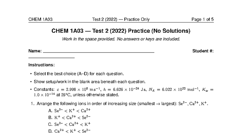 CHEM 1A03 Test 2 (2022) Practice Questions and Answers - Studocu
