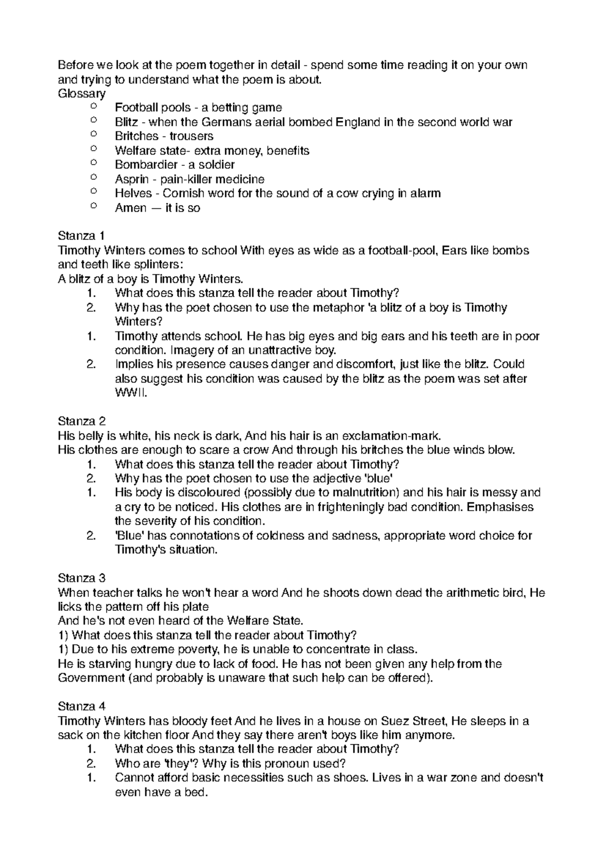 Analysis of the Poem "Timothy Winters" - Blank 5 - Studocu