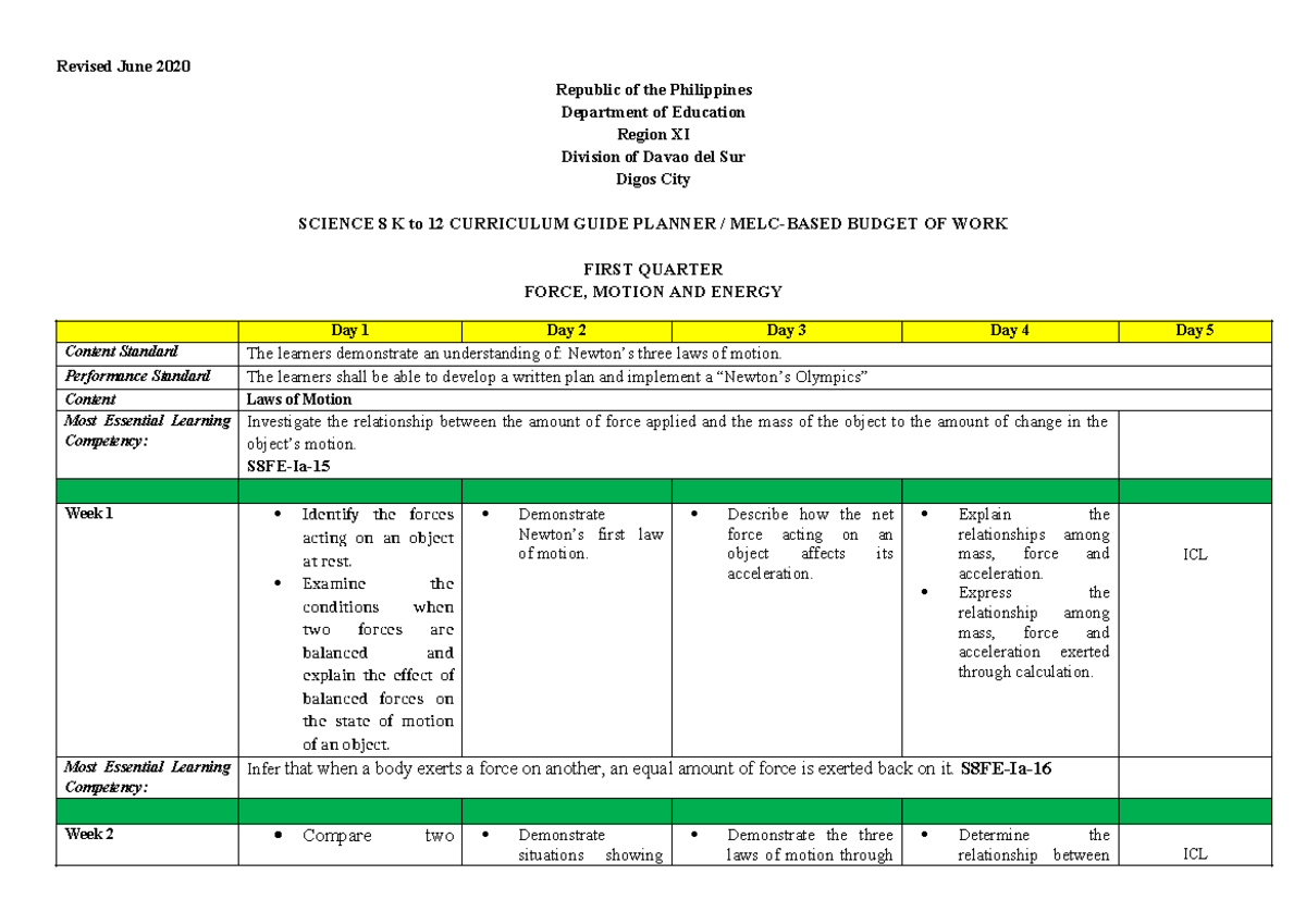 BOW-G8-Q1 - SCIENCE 8 K to 12 First Quarter Curriculum Guide - Studocu