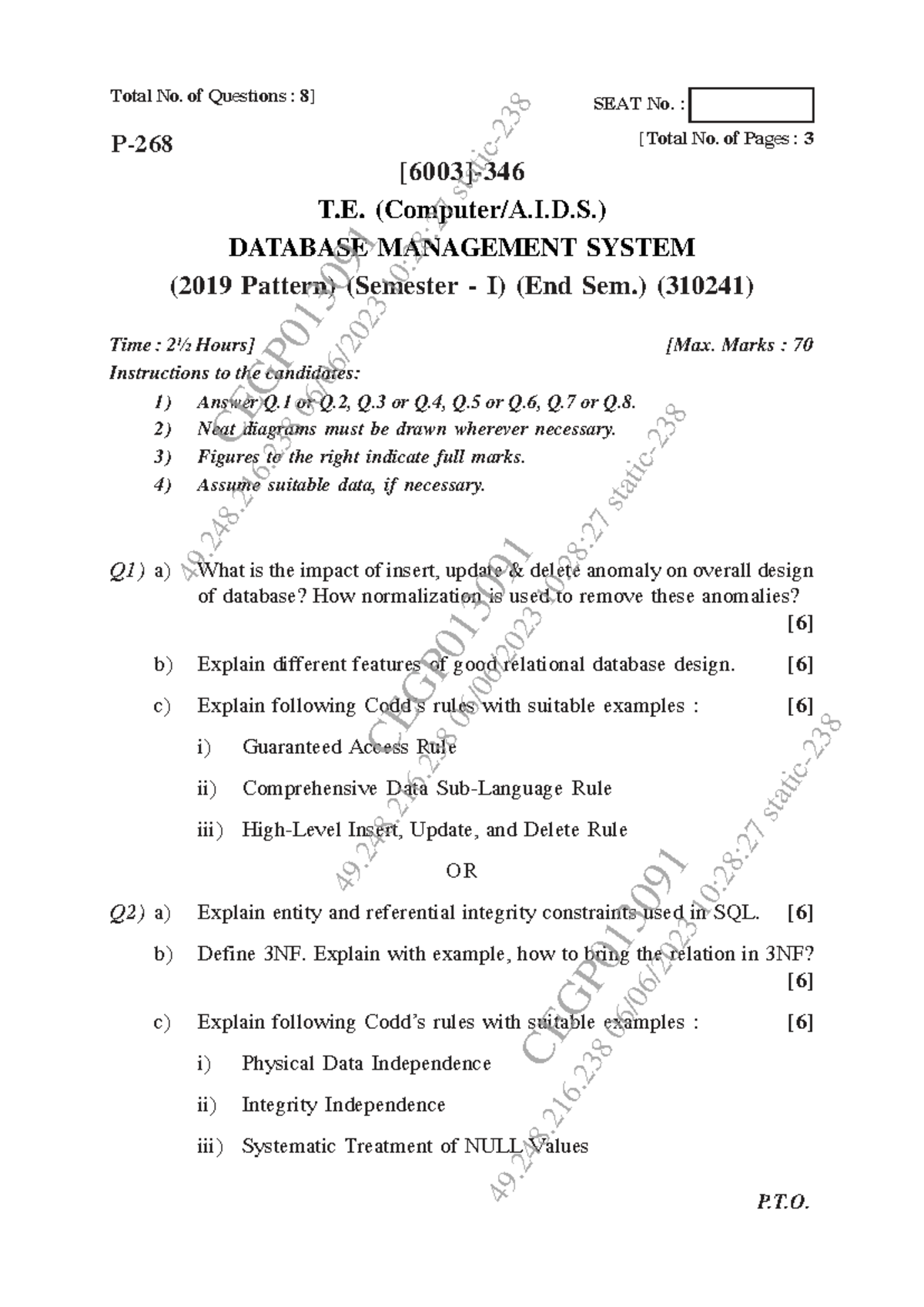 End Sem Exam QP - T.E. DATABASE MANAGEMENT SYSTEM (310241) - Studocu