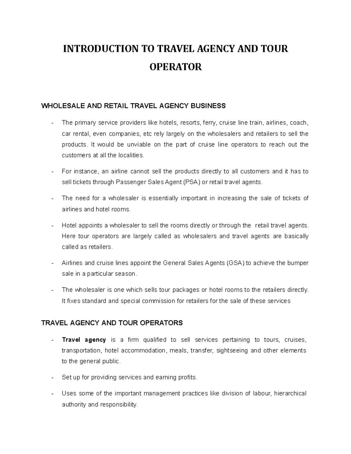 Travel Agency and Tour Operator Lecture Notes (TRV101) - Studocu