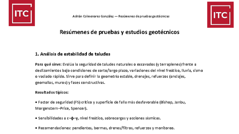 Resúmenes de Pruebas Geotécnicas - Adrián Colmenares González - Studocu