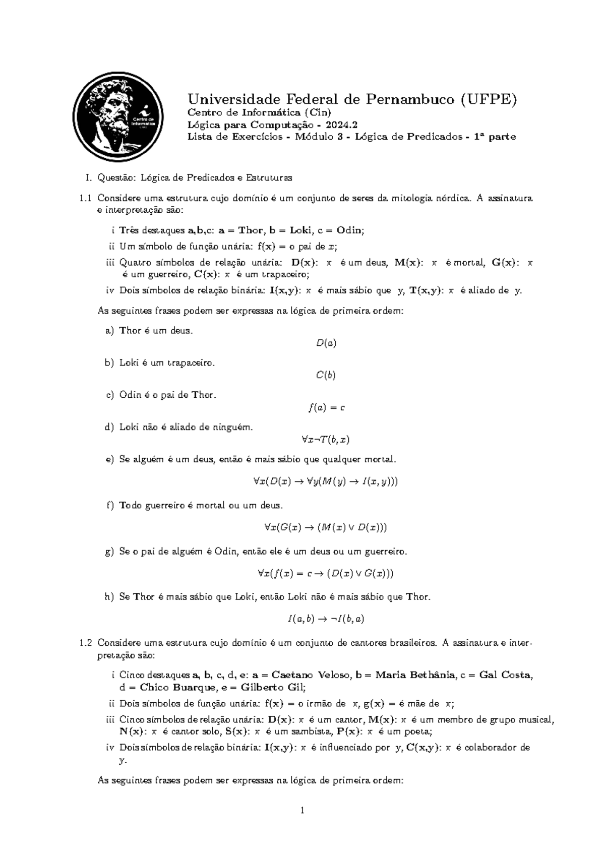 Lista de Predicados - UFPE - Módulo 3 - Lógica de Predicados - 1ª Parte ...