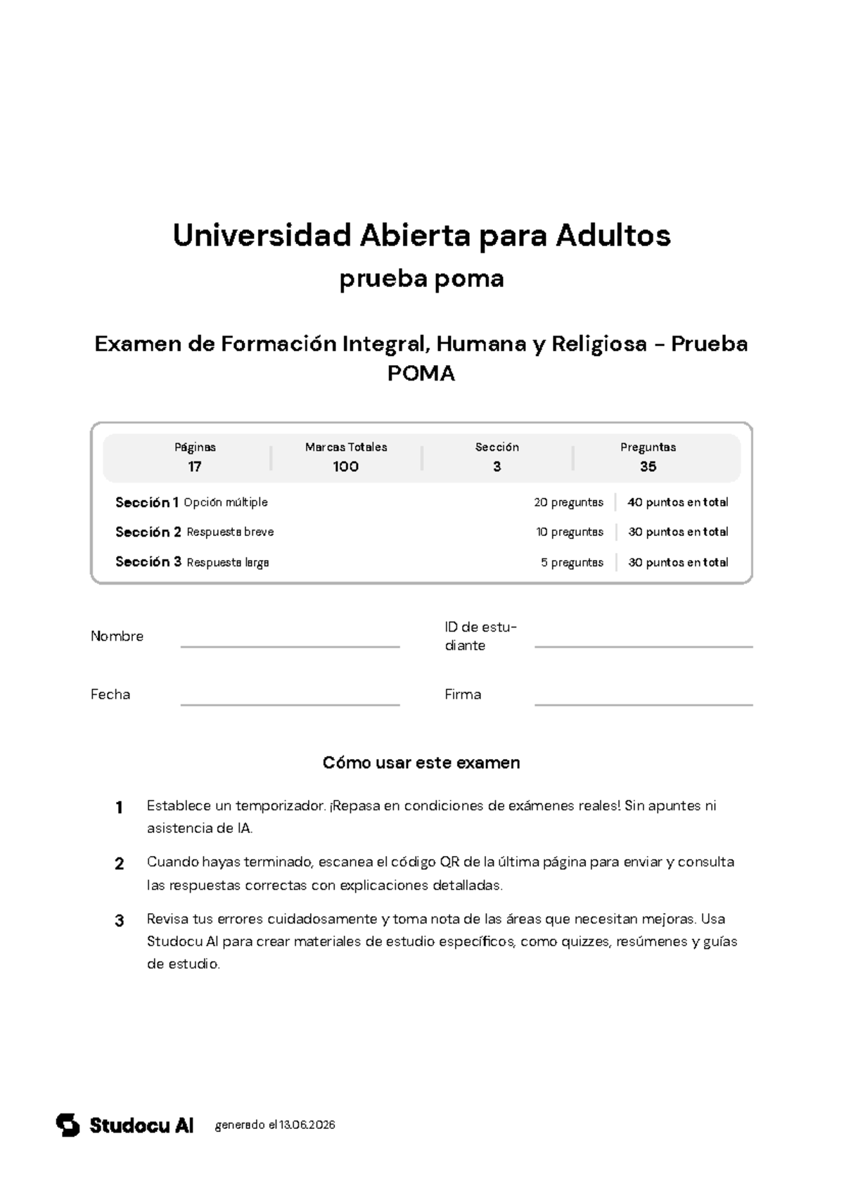 Examen de Formación Integral, Humana y Religiosa - Prueba POMA - Studocu