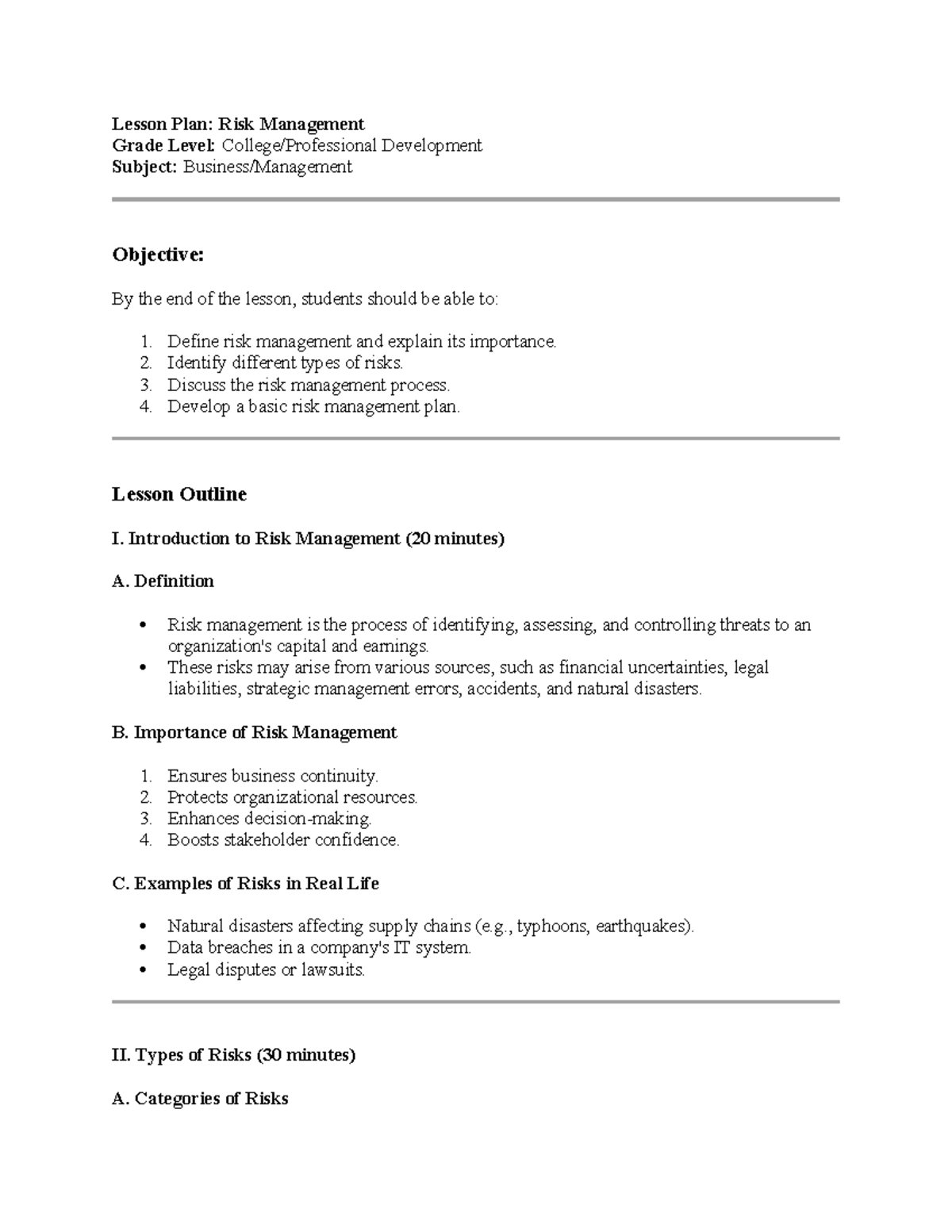 Lesson Plan. Risk Management - Lesson Plan: Risk Management Grade Level ...