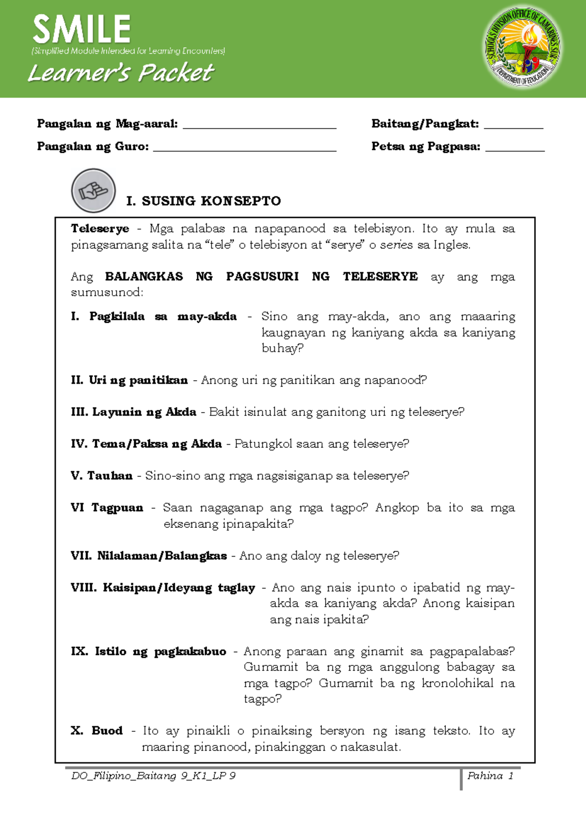 Pagsusuri ng Teleserye sa SLP9 Fil9 Kuwarter 1: Gawain at Kasanayan ...