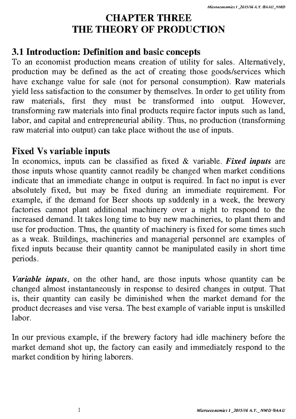 A4 Chapter 3 4 and 5 Micro I - CHAPTER THREE THE THEORY OF PRODUCTION 3 ...
