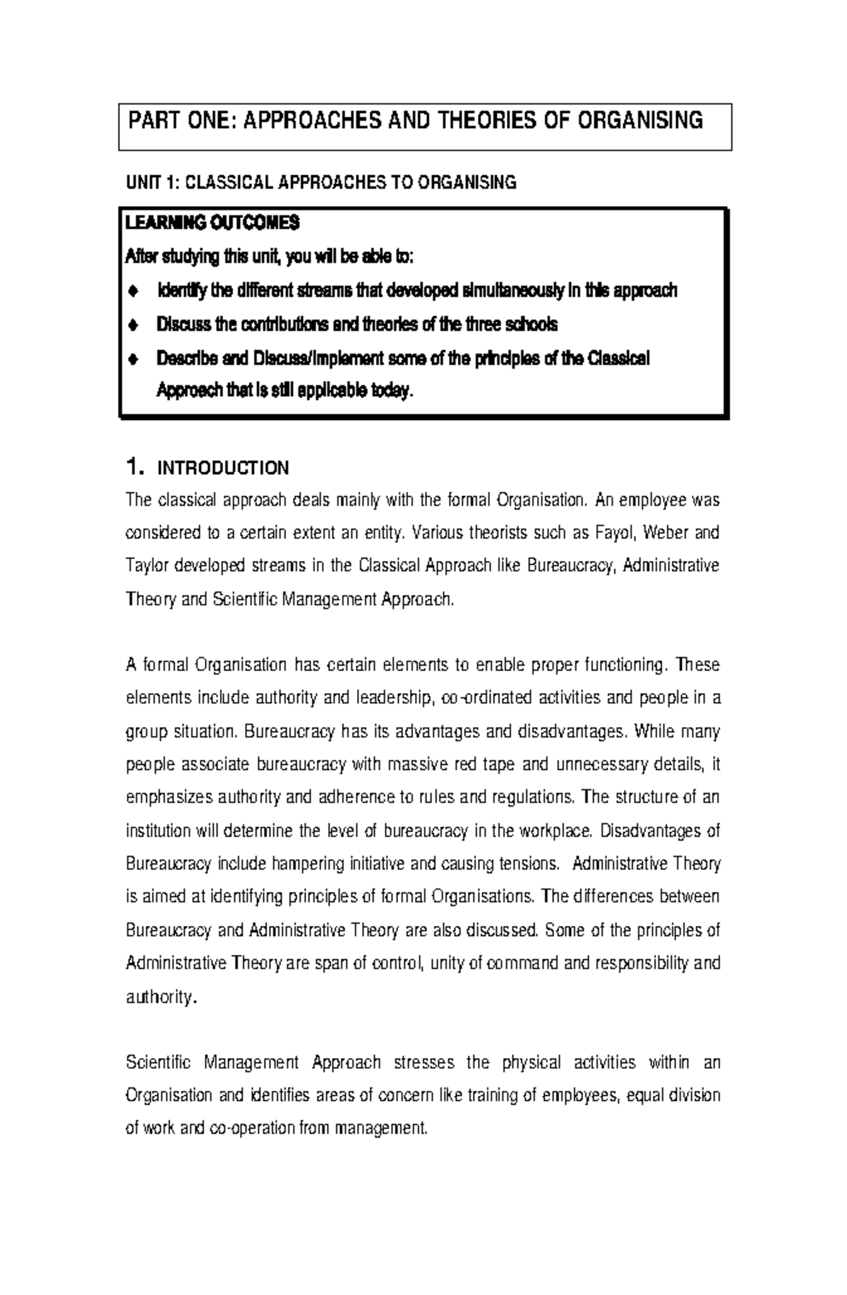 UNIT 1: Classical Approaches to Organising - Key Theories and Concepts ...