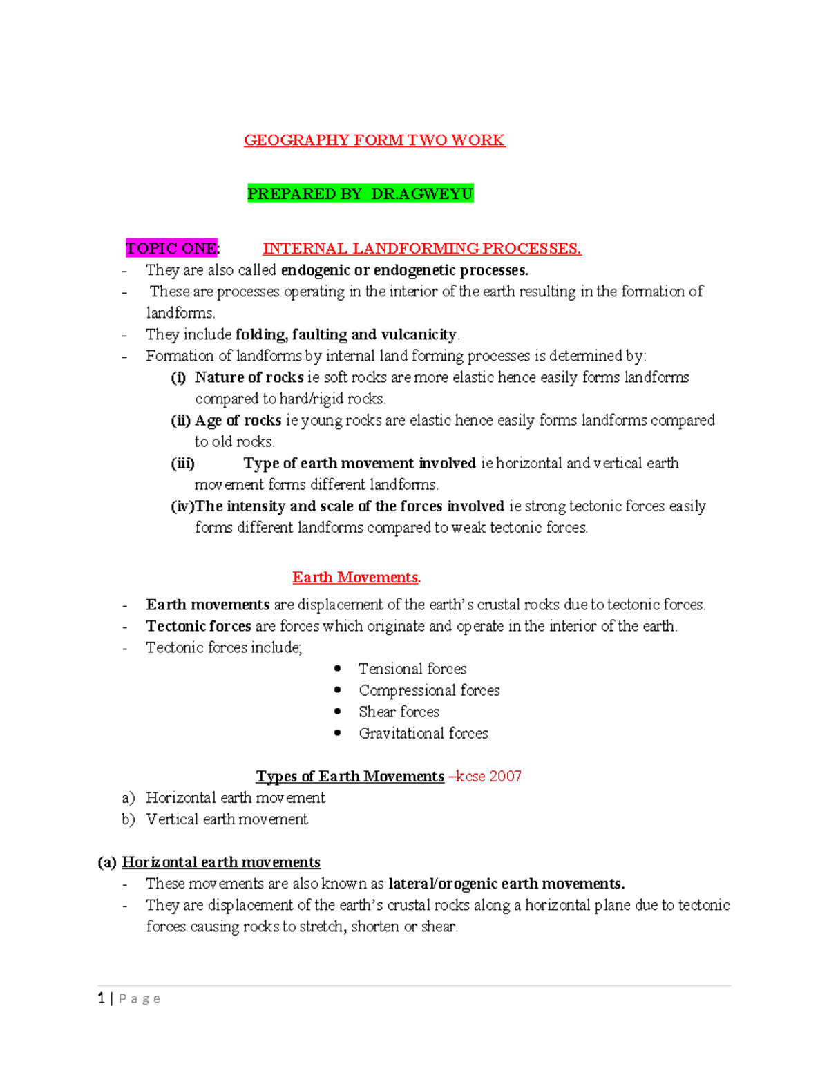 Geography Form Two: Internal Landforming Processes Notes - Studocu