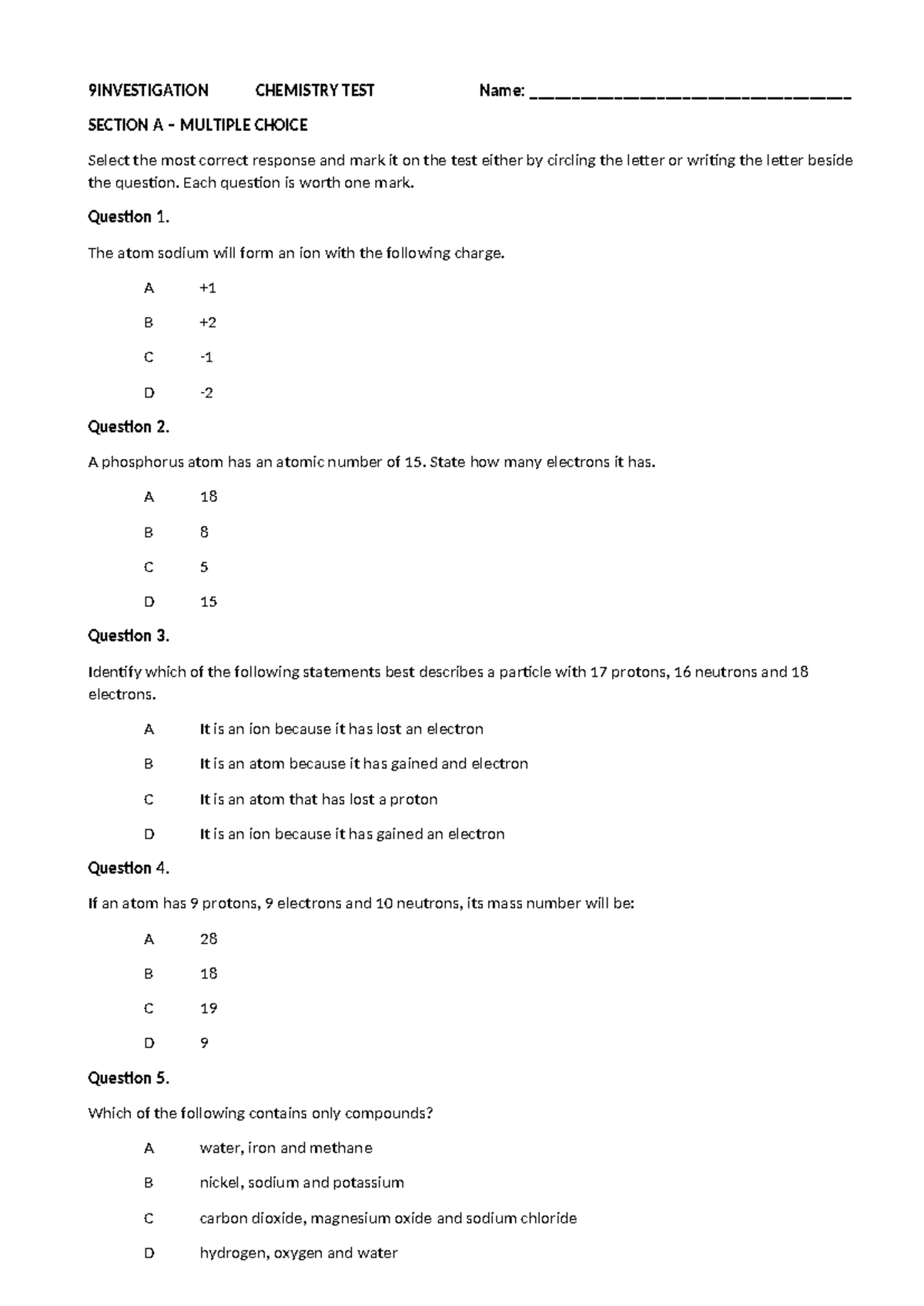 9INV Chemistry Test 2021: Multiple Choice & Long Answer Questions - Studocu