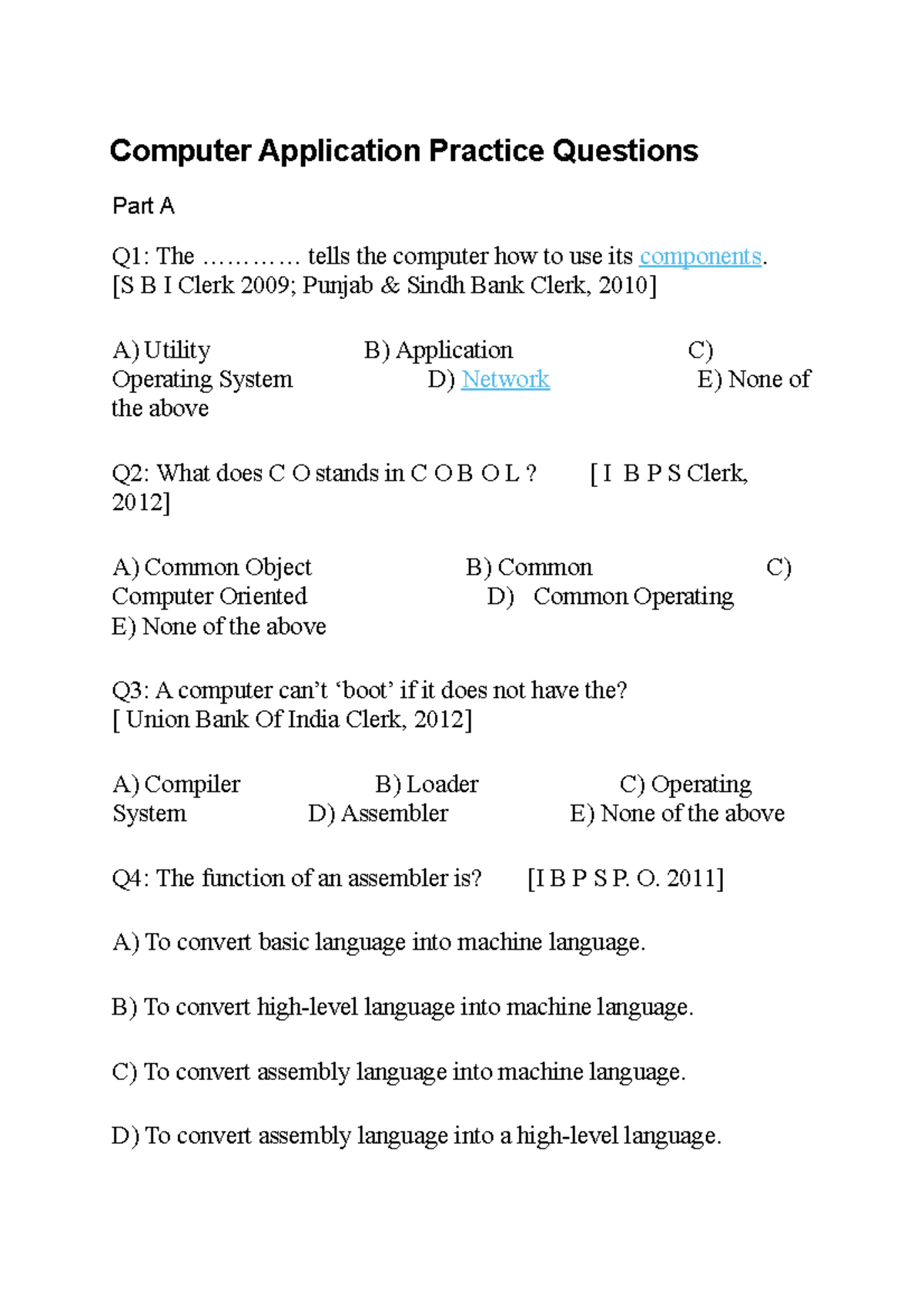 Computer Application Practice Questions (CS 101) - Studocu