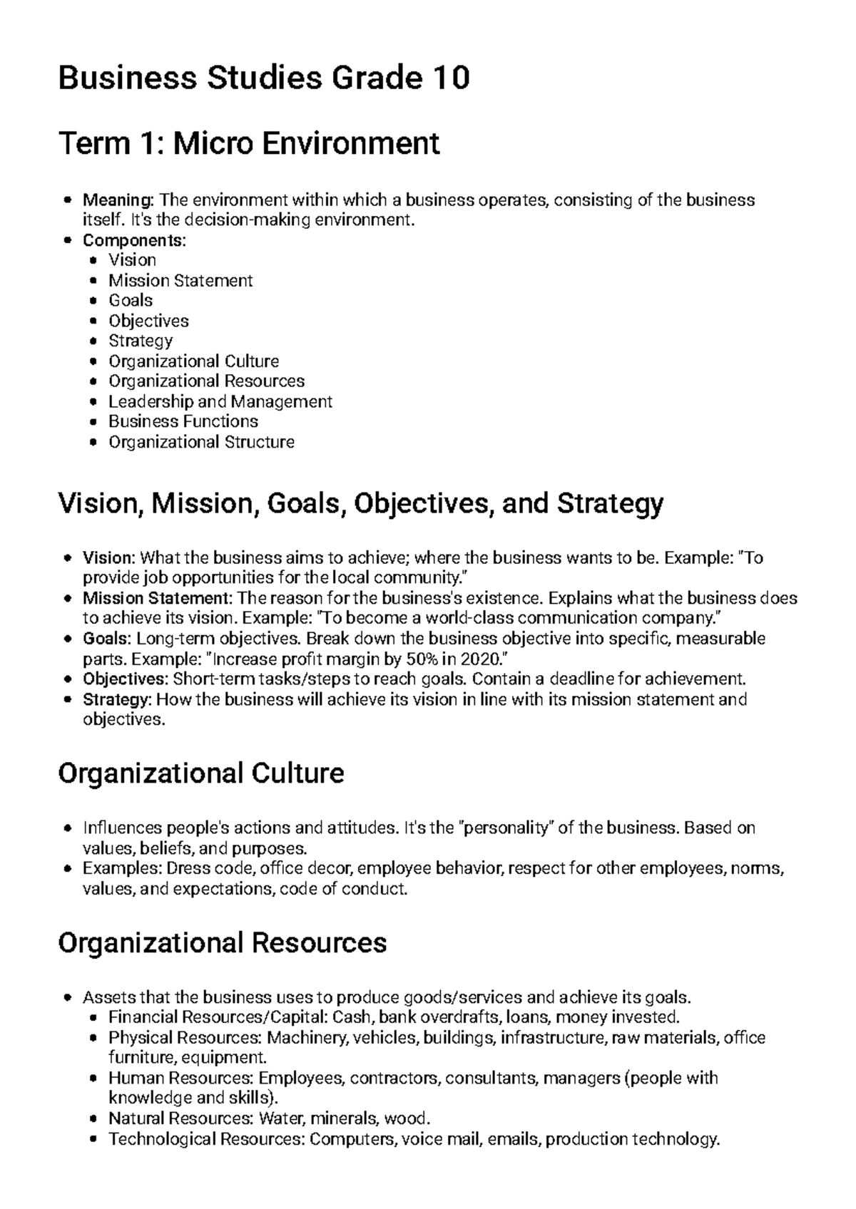 Business Studies Grade 10 Term 1 & 2: Comprehensive Study Guide - Studocu