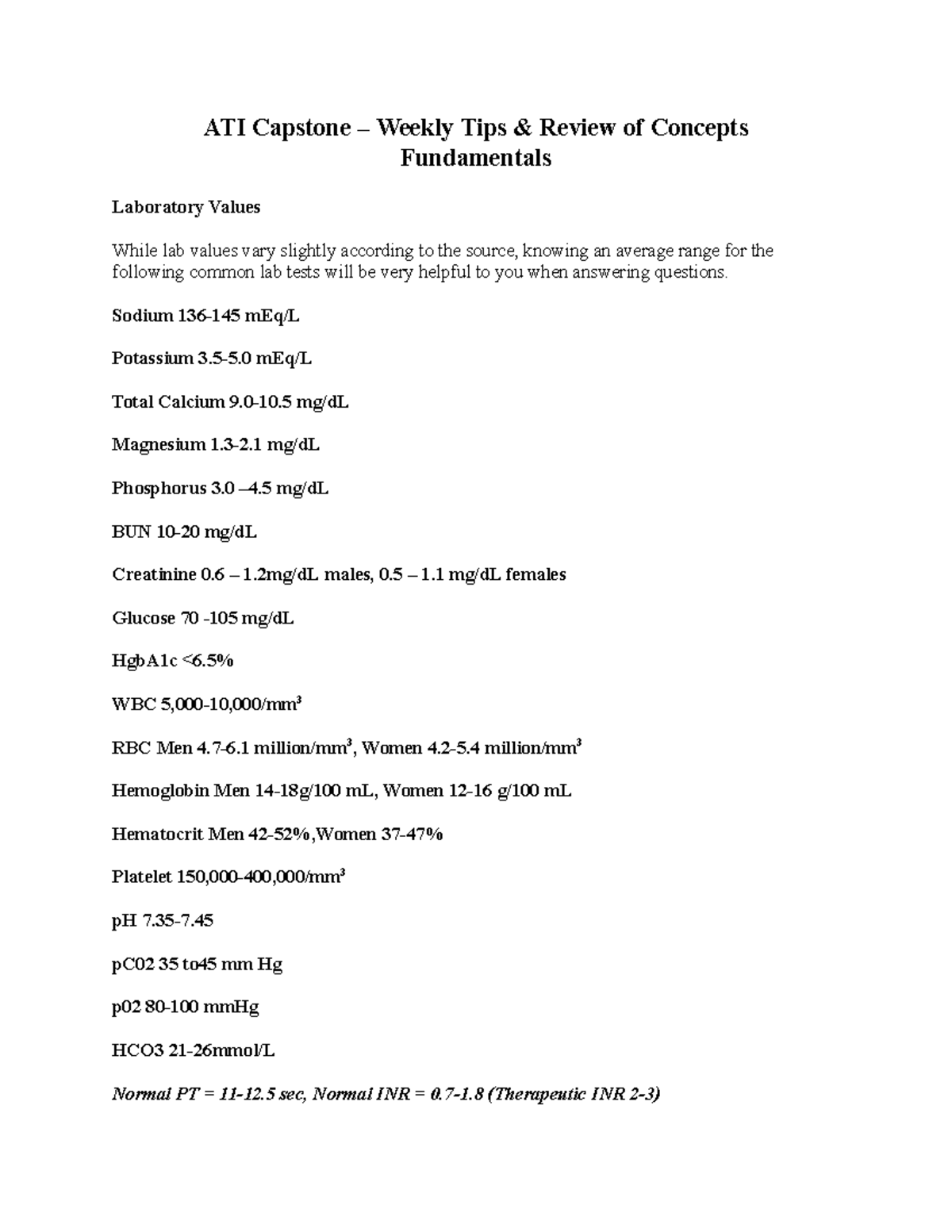 ATI Capstone - Weekly Tips & Lab Values Review for Fundamentals - Studocu