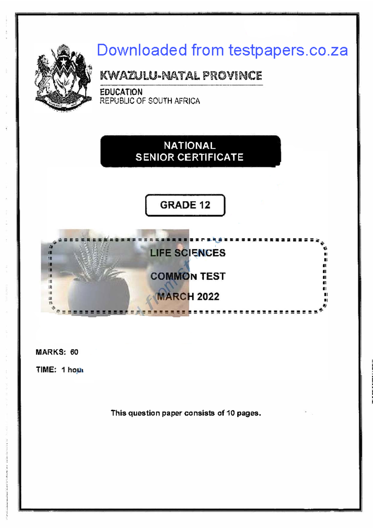 LS 12 Life Sciences March 2022 Common Test Question Paper & Memo - Studocu