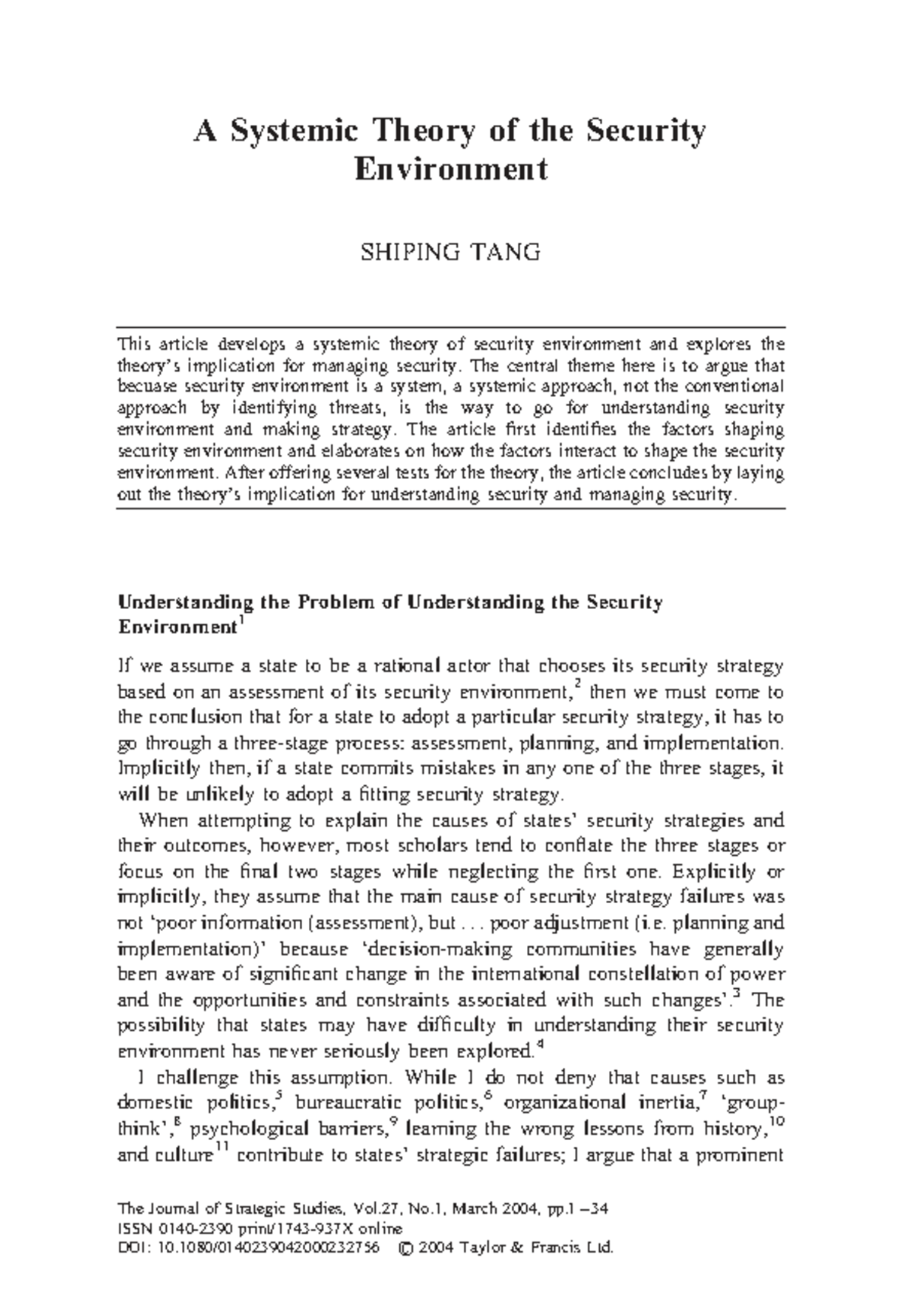 A Systemic Approach to Understanding Security Environment (SHIPING TANG ...