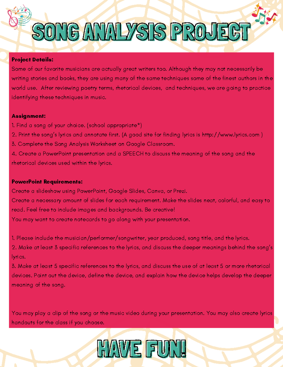 Song Analysis Project Handout - Techniques in Music عمليّة - Studocu
