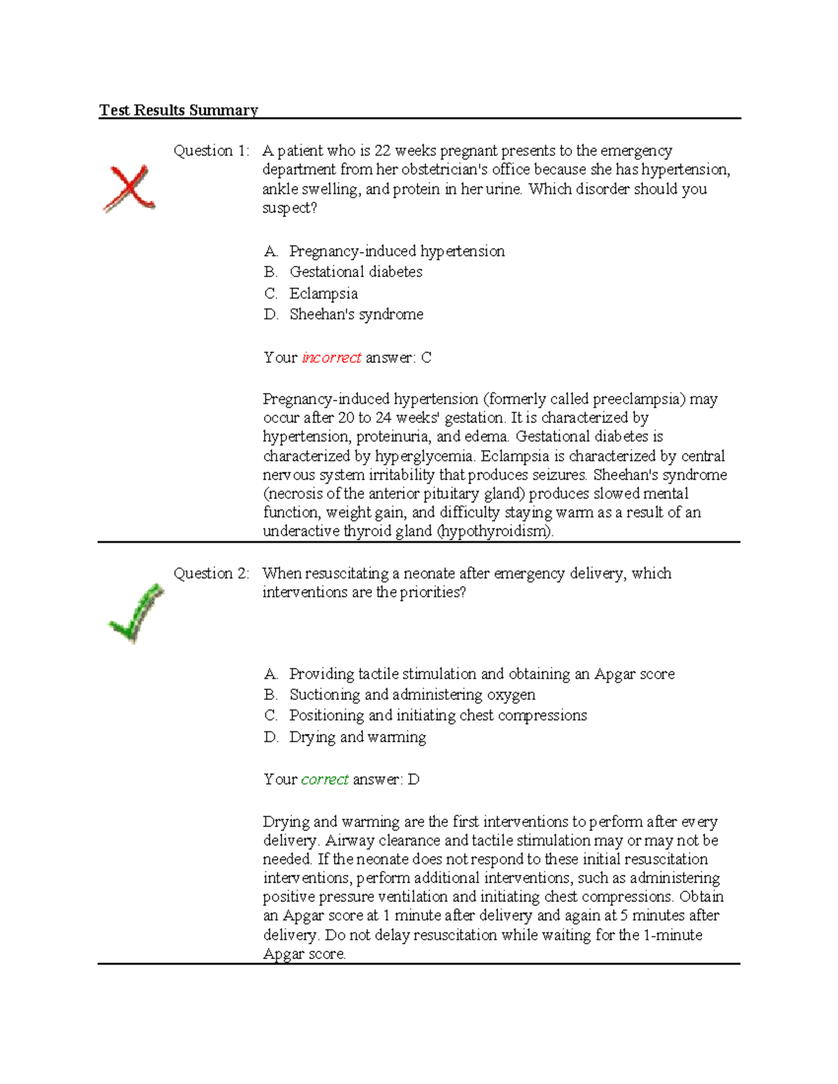 ENA 1-10 - Summary of Test Results for Pregnancy Complications - Studocu