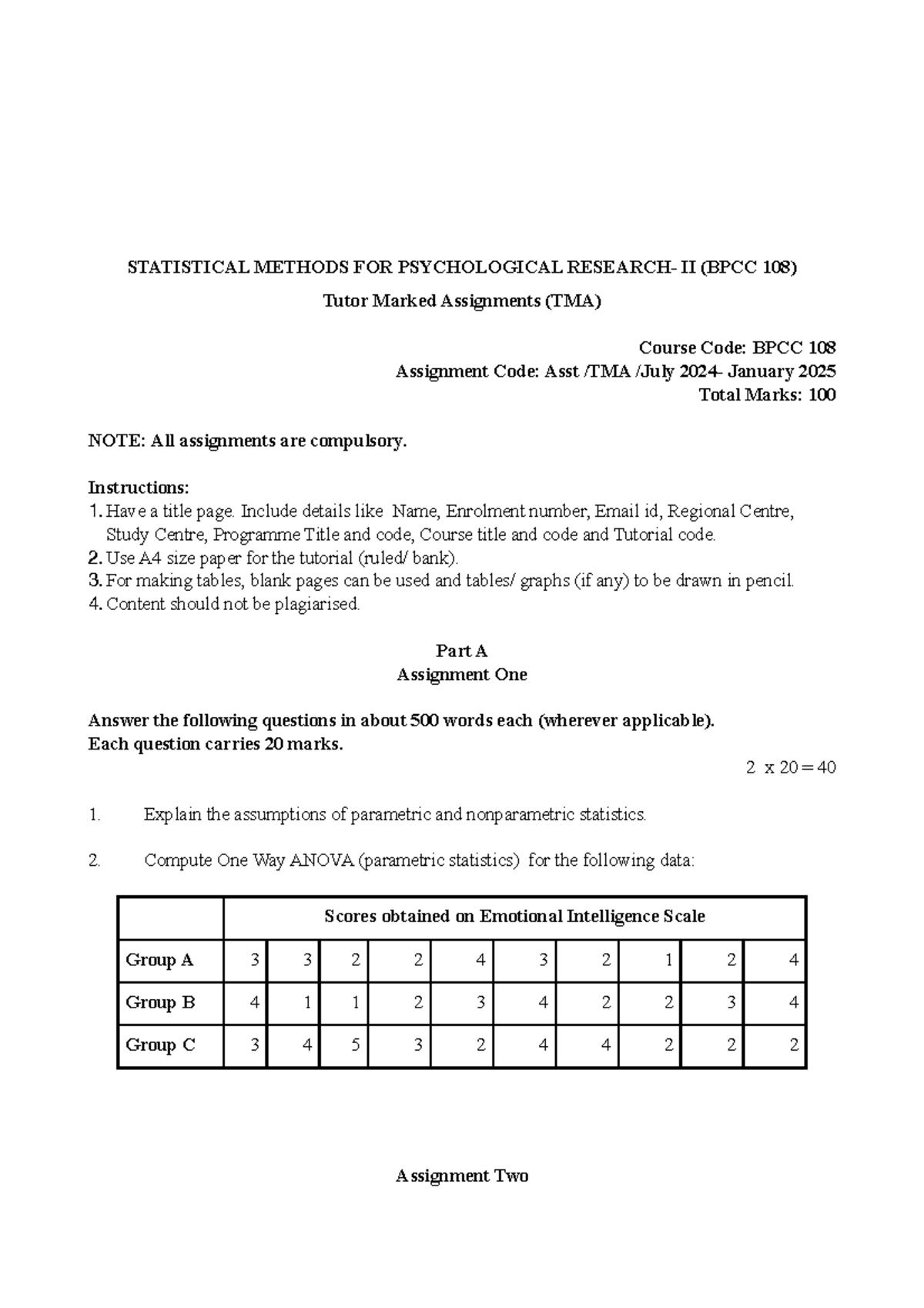 BPCC 108 - Statistical Methods for Psychology II TMA Assignments Guide ...