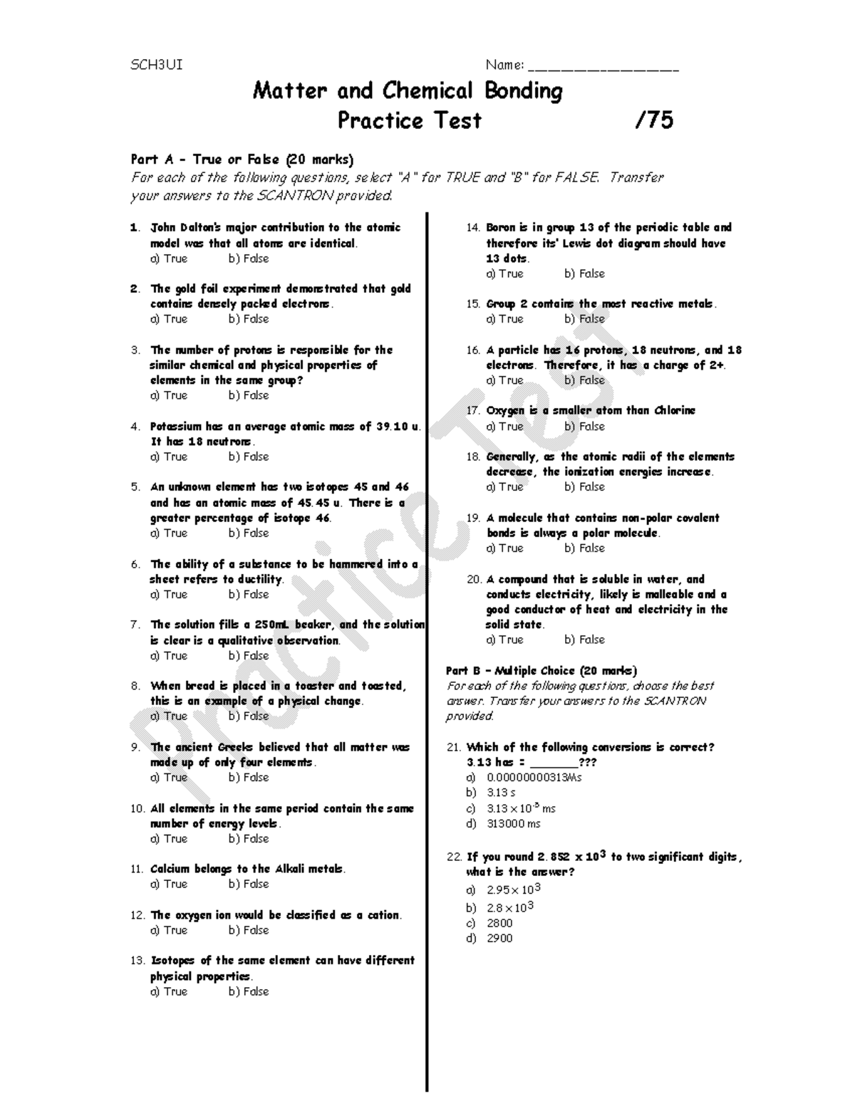 SCH3UI Matter and Chemical Bonding Unit Test Review Guide - Studocu
