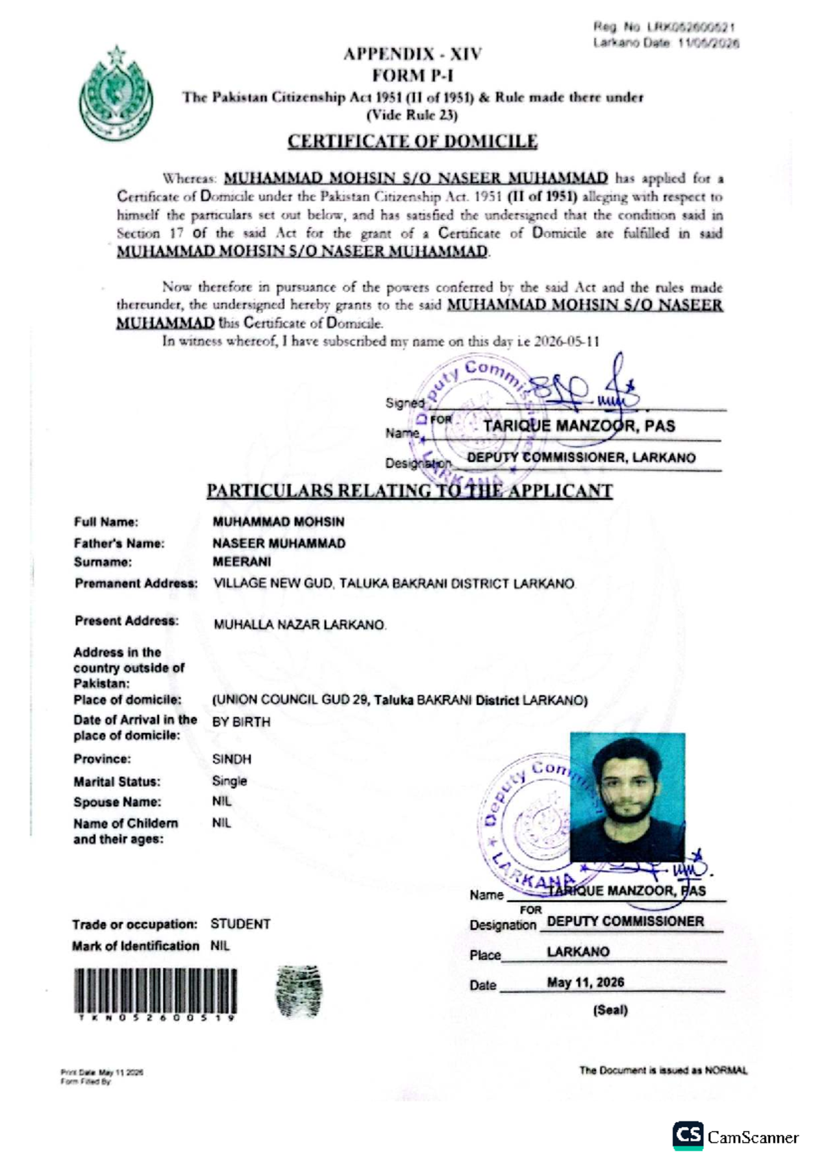 Certificate of Domicile for Muhammad Mohsin Naseer (LRK052600521) - Studocu