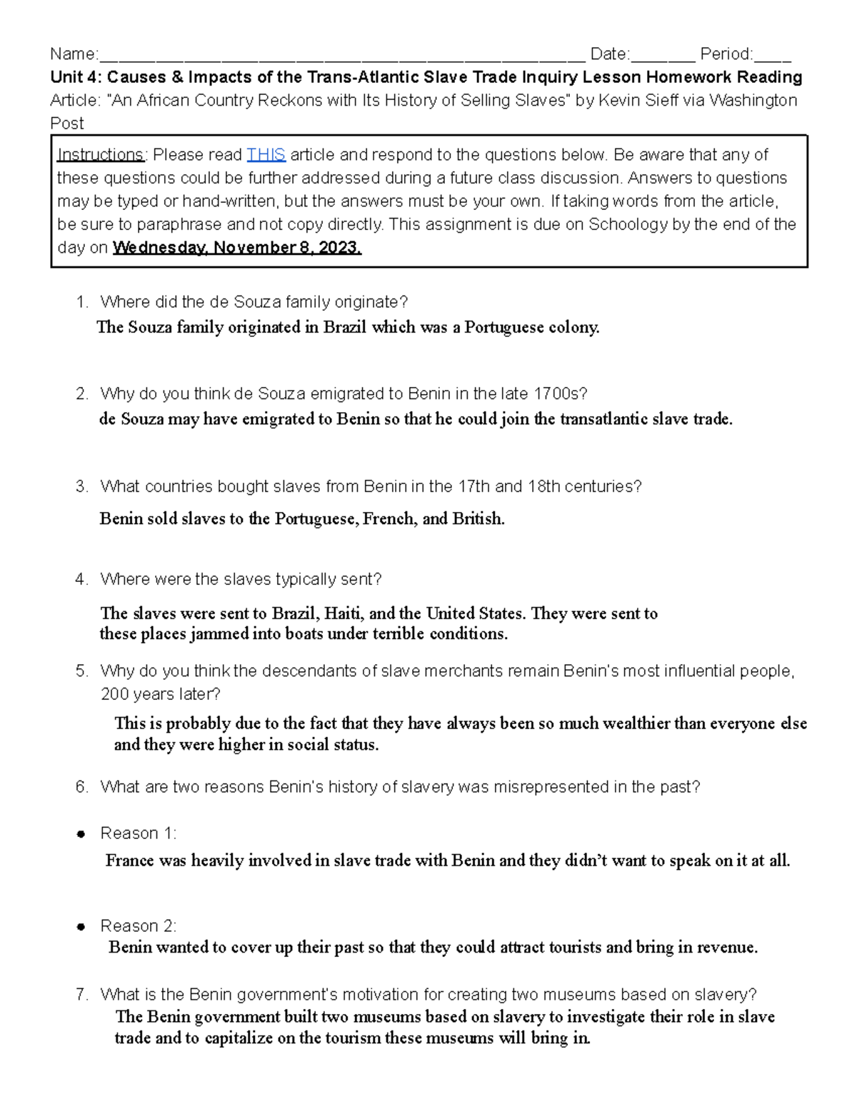 Unit 4 - Impacts of the Trans-Atlantic Slave Trade Inquiry Lesson ...