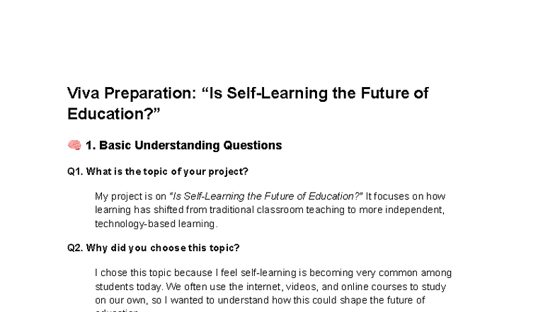 Viva Preparation: Is Self-Learning the Future of Education? - Studocu