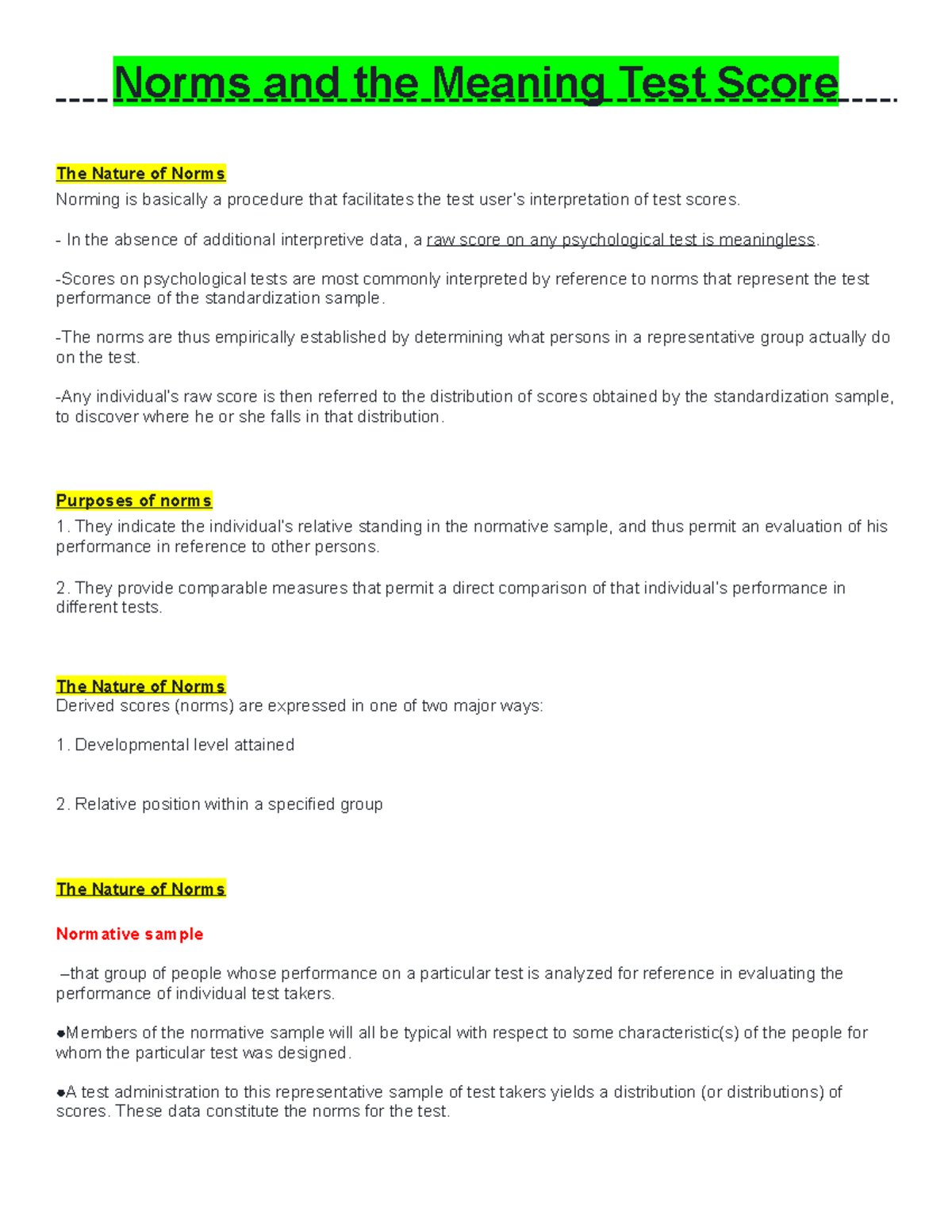 Norms and the Meaning Test Score - In the absence of additional ...