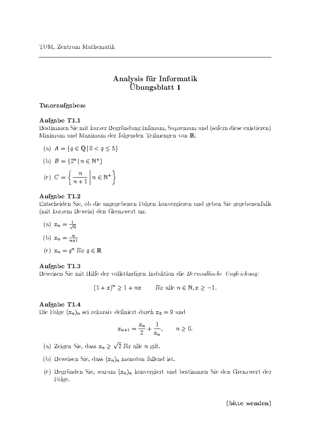 Blatt 1 - TUM, Zentrum Mathematik Analysis für Informatik Übungsblatt 1 ...