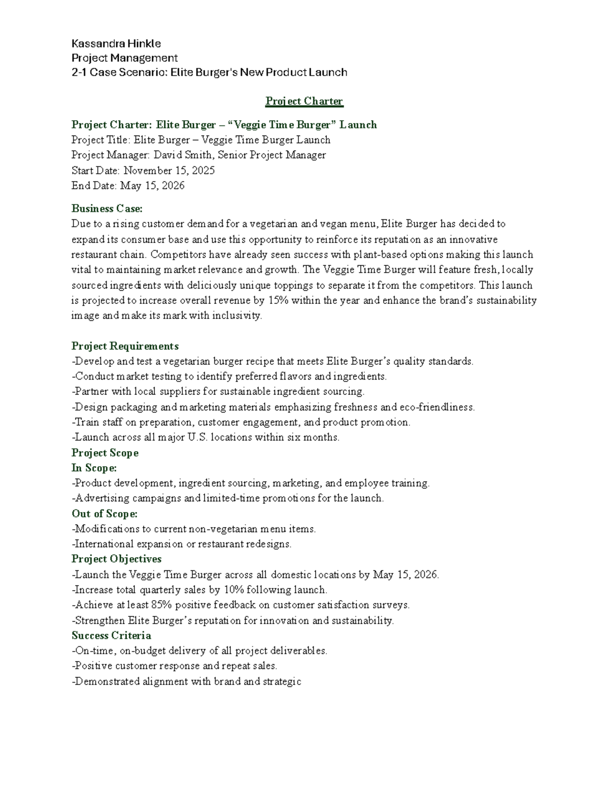 PM2-1 Project Charter: Elite Burger Veggie Time Launch Plan - Studocu