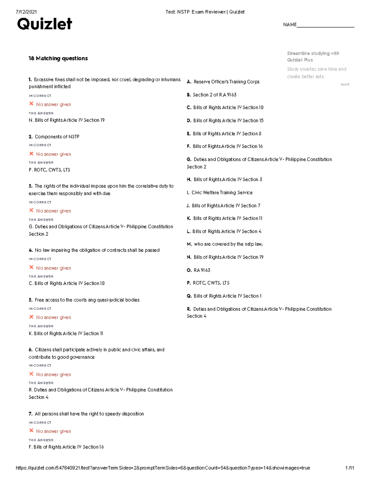 Test NSTP Exam Reviewer Quizlet - 18 Matching questions 1. INCORRECT No ...