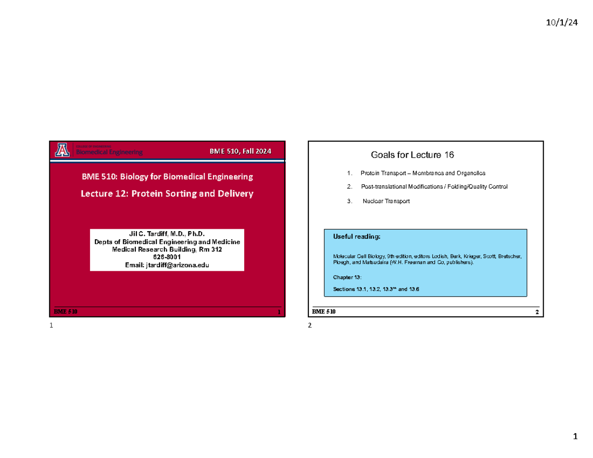 BME 510: Lecture 12 - Protein Sorting and Delivery Overview - BME 510 1 BME 510: Biology for ...