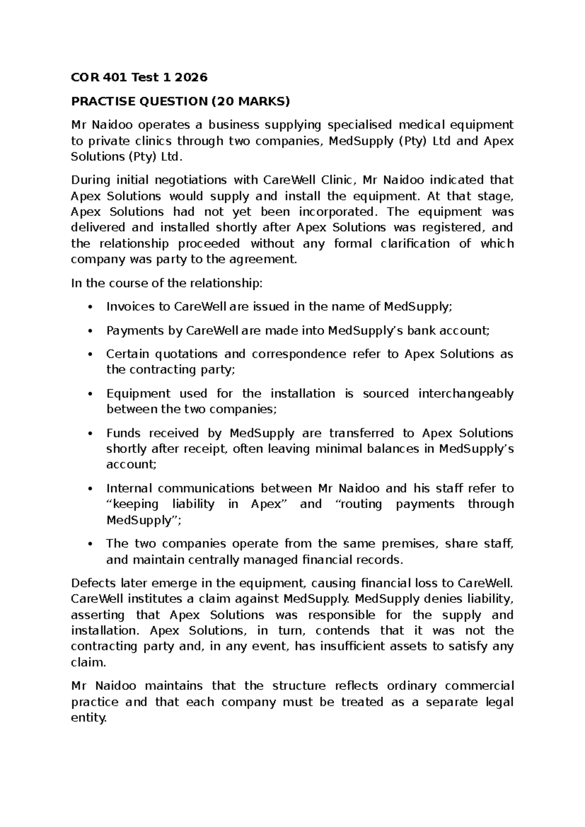 COR 401 Test 1 2026 Practice Question on Business Liability - Studocu