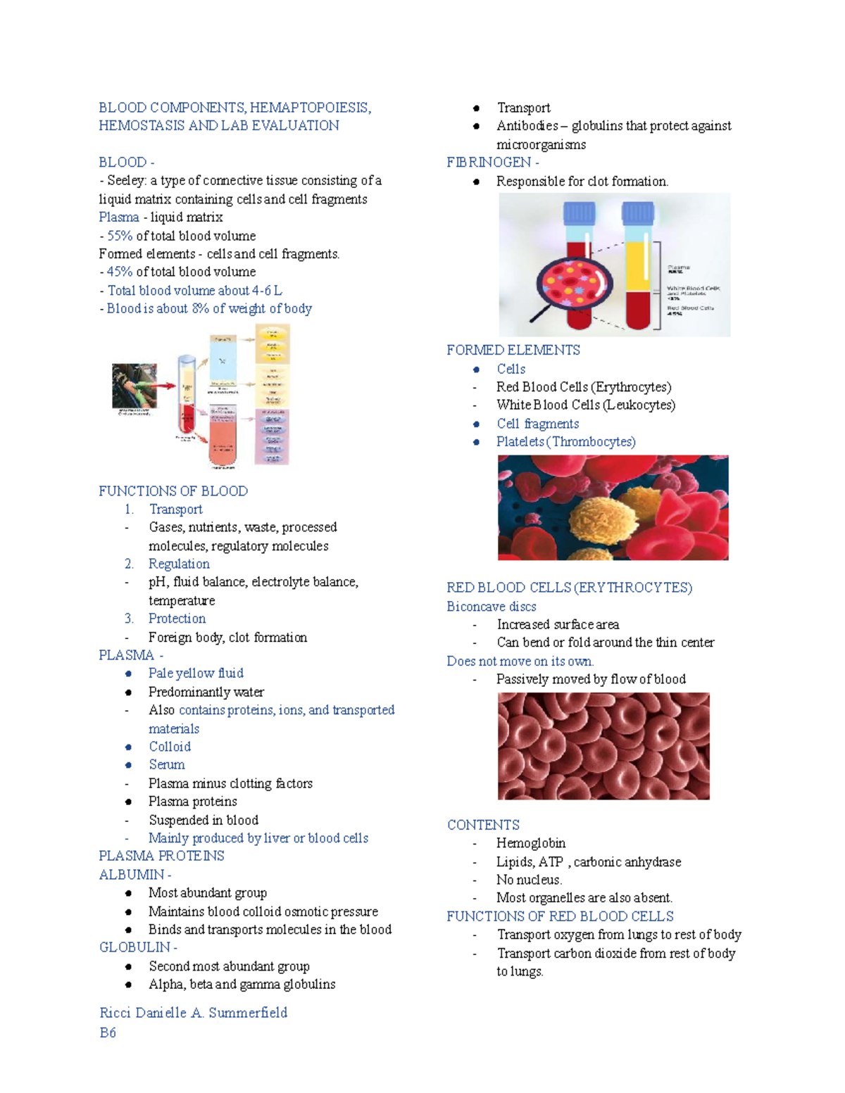 B6 Blood Components, Hematopoiesis, Hemostasis & Lab Evaluation Notes ...