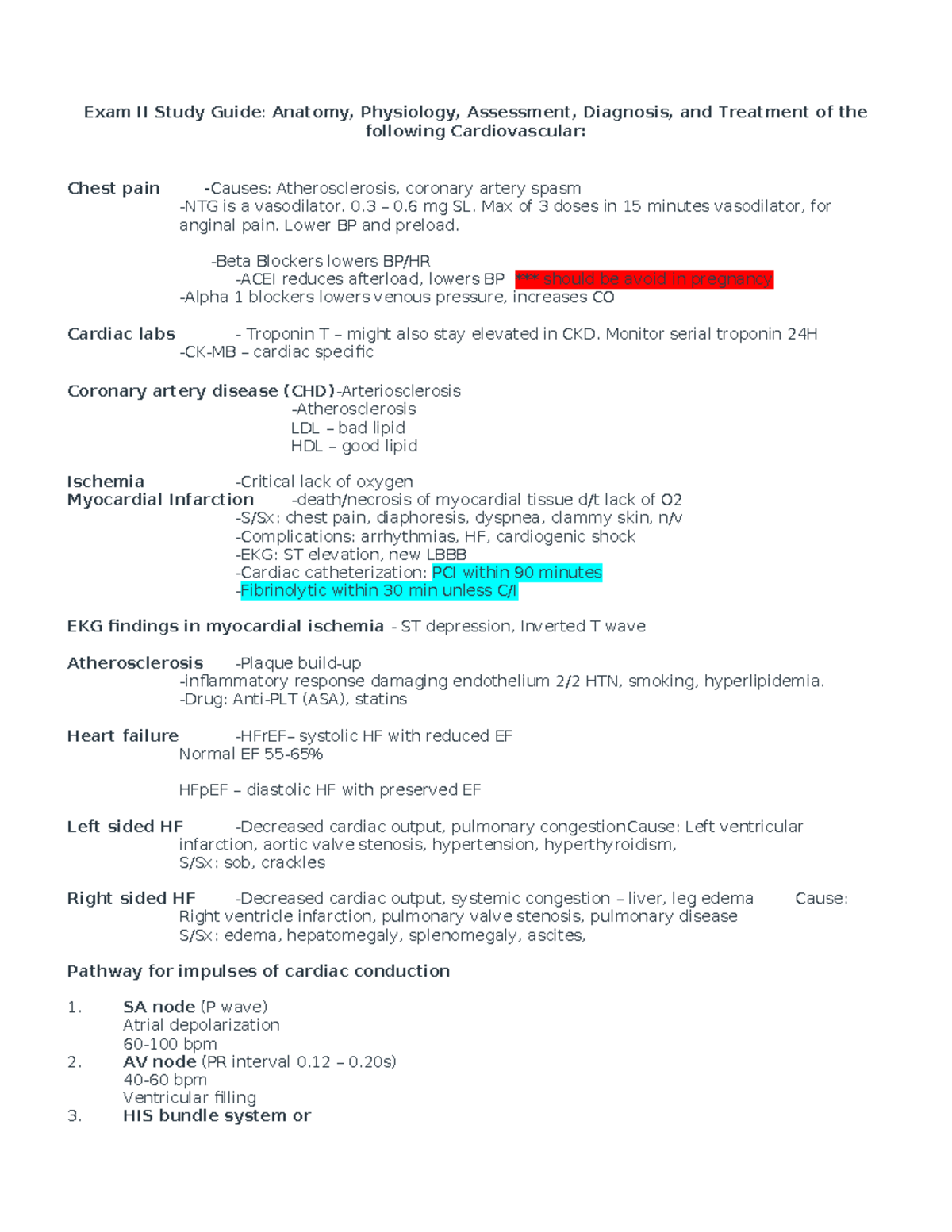 Exam II Study Guide: Cardiovascular Anatomy, Physiology, and Treatment - Studocu