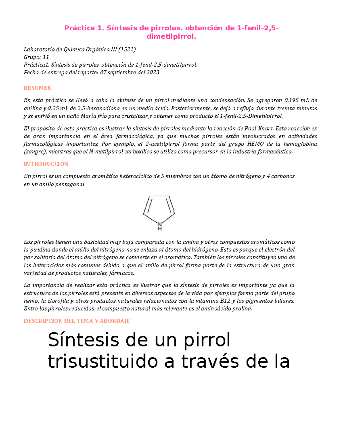 Práctica 1. Síntesis de pirroles. obtención de 1-fenil-2,5 ...