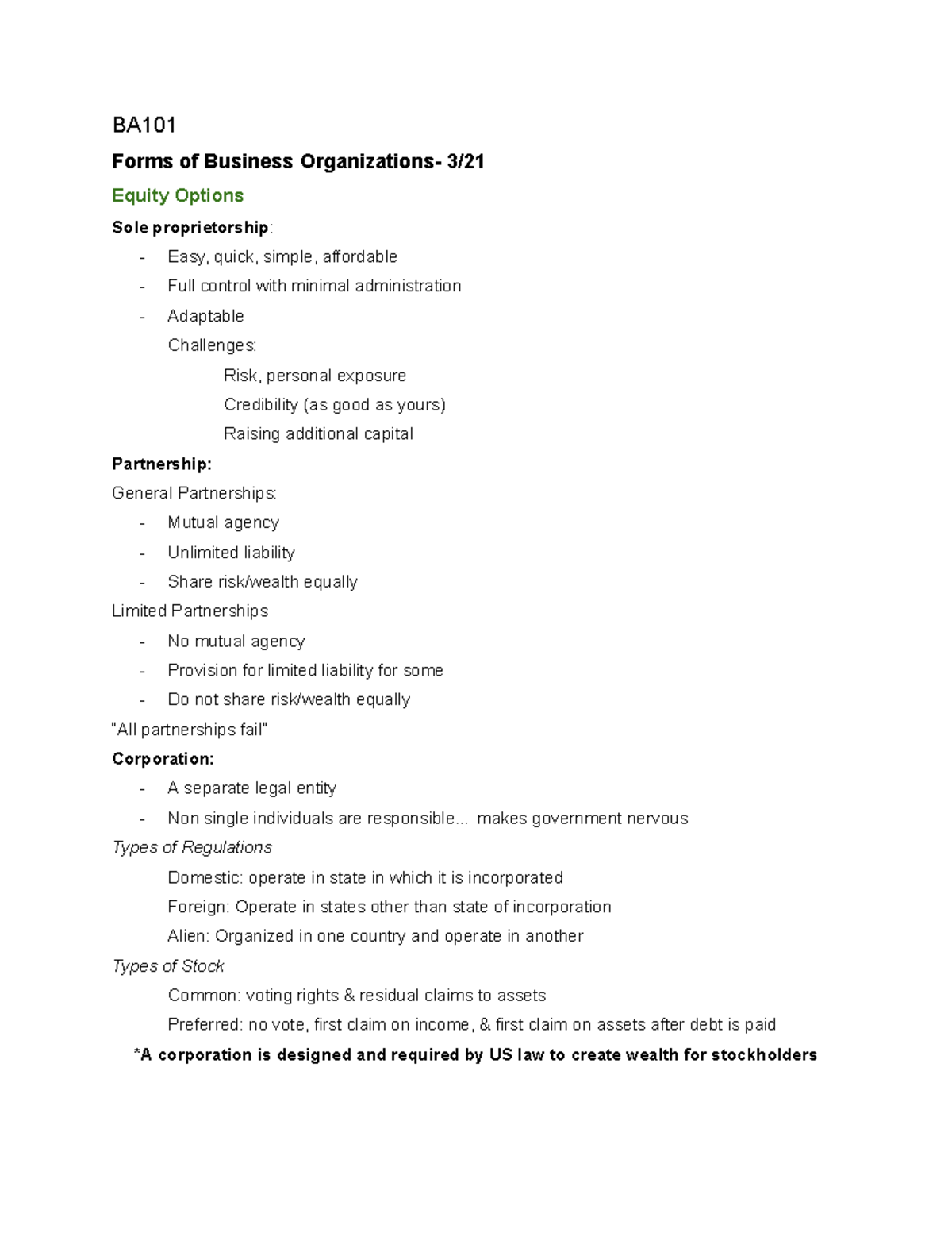 BA101 Midterm Exam 3 Study Guide: Business Organizations & Management ...