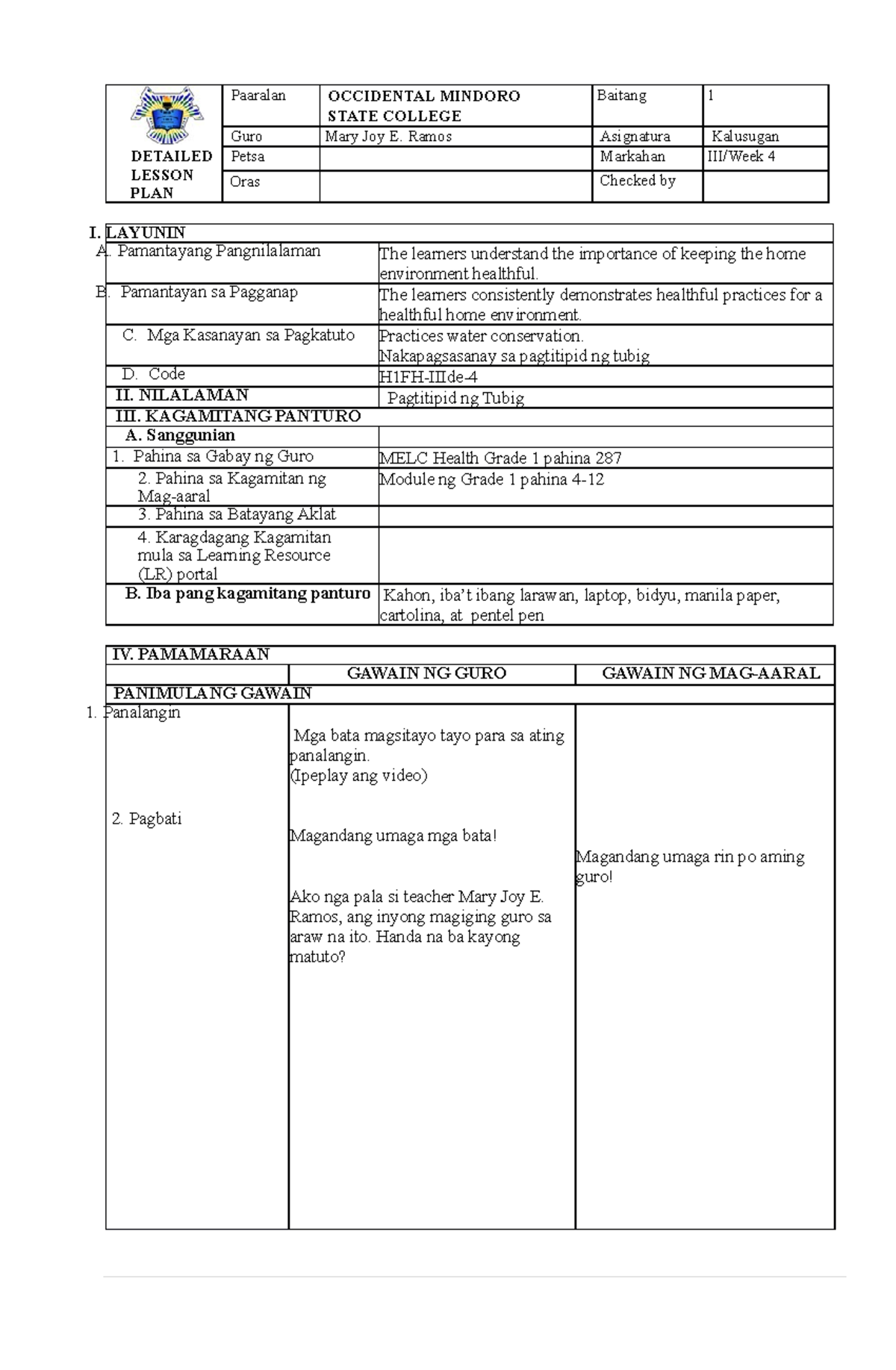 DLP H1FH-IIIde - Detailed Lesson Plan on Water Conservation - Studocu