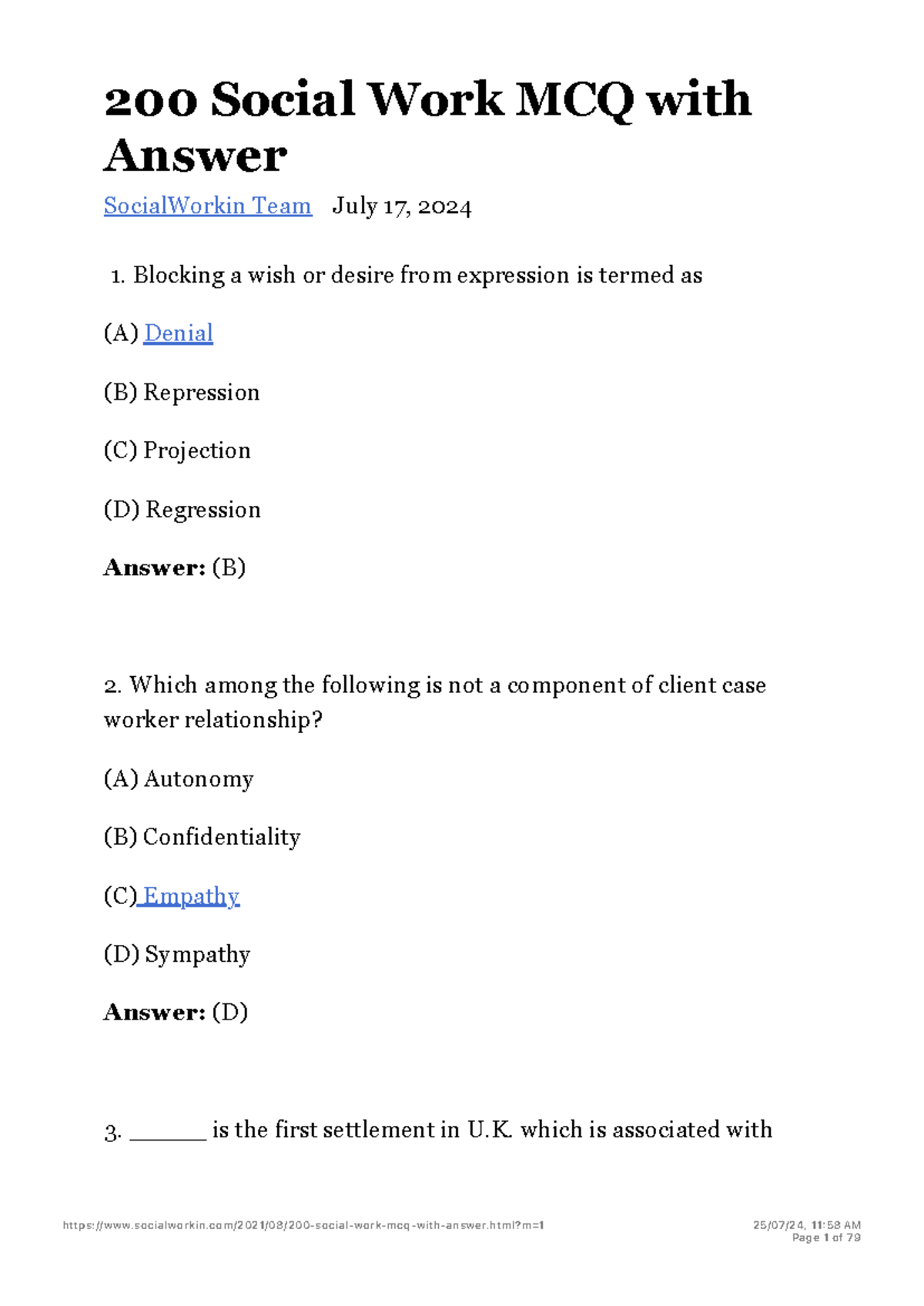 200 Social Work MCQs with Answers for Exam Preparation - Studocu