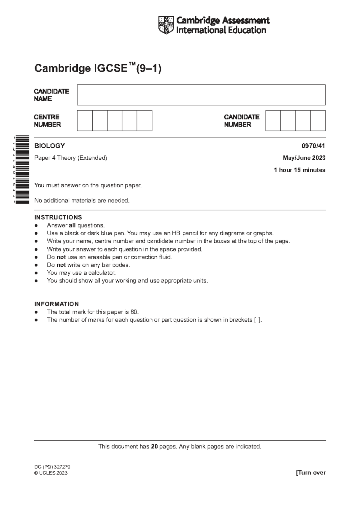 Cambridge 7 2 1 1 4 0 1 6 1 1 BIOLOGY Paper 4 Theory (Extended) Marking ...