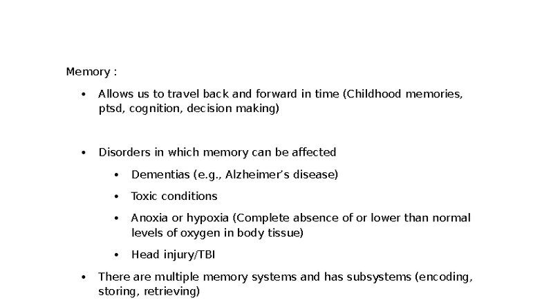 Amnesia and Memory Systems: Insights and Disorders (PSY 3010S) - Studocu