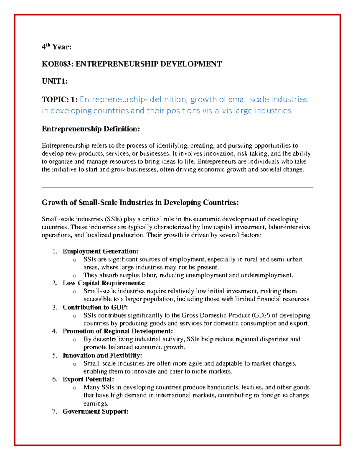 UNIT1 KOE083: Entrepreneurship Development - Small Scale Industries ...