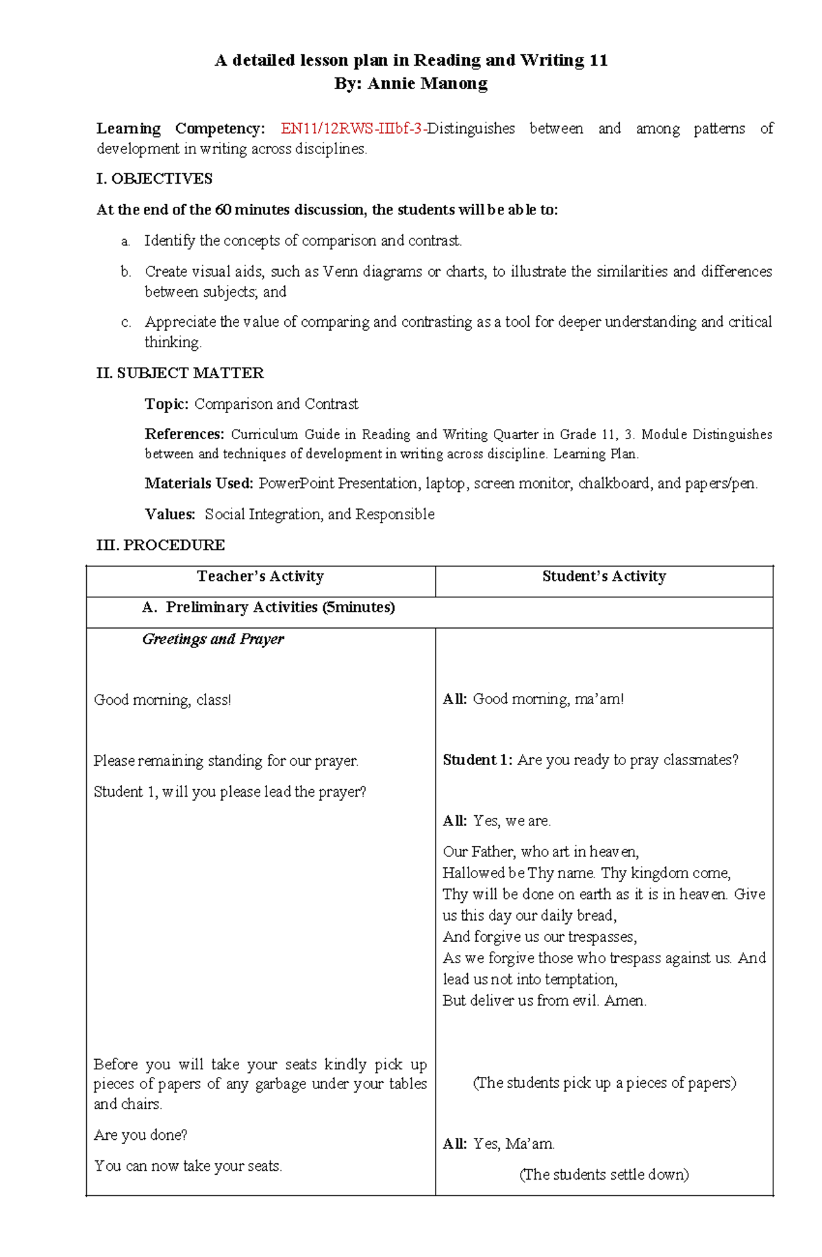 Secondlpcomparison& Contrast - A detailed lesson plan in Reading and ...